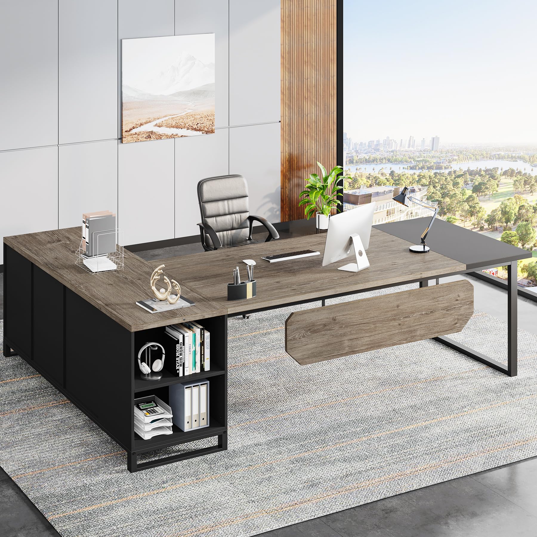 Tribesigns 70.8-Inch Executive Desk with 55-Inch File Cabinet, Large L Shaped Computer Desk with Storage Cabinet and Shelves, Industrial L-Shaped Desk for Home Office, Retro Gray & Black