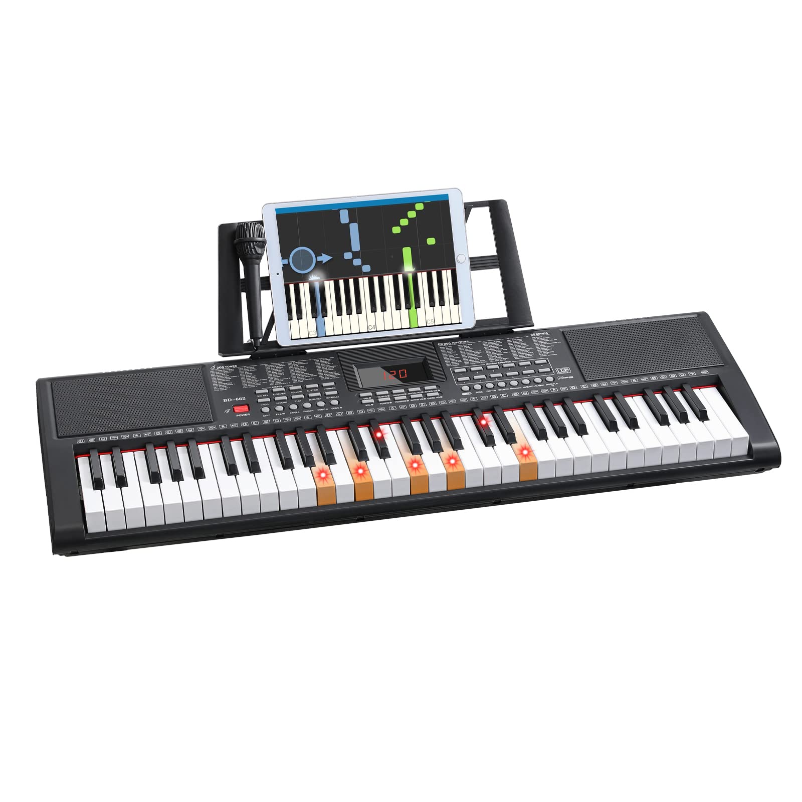 Keyboard Piano, 61 Key Electric Piano Keyboard for Beginners, LED Screen Music Keyboard with Microphone, Keynote Stickers, Stand Bench and Music Stand (Grey)