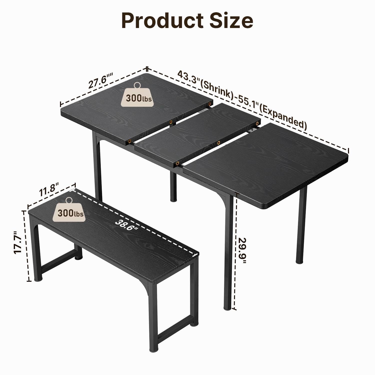 Gizoon Dining Table Set for 4 to 6, Extendable Kitchen Table Set with 2 Benches, Ideal for Small Spaces and Apartment Dining Gatherings, Black