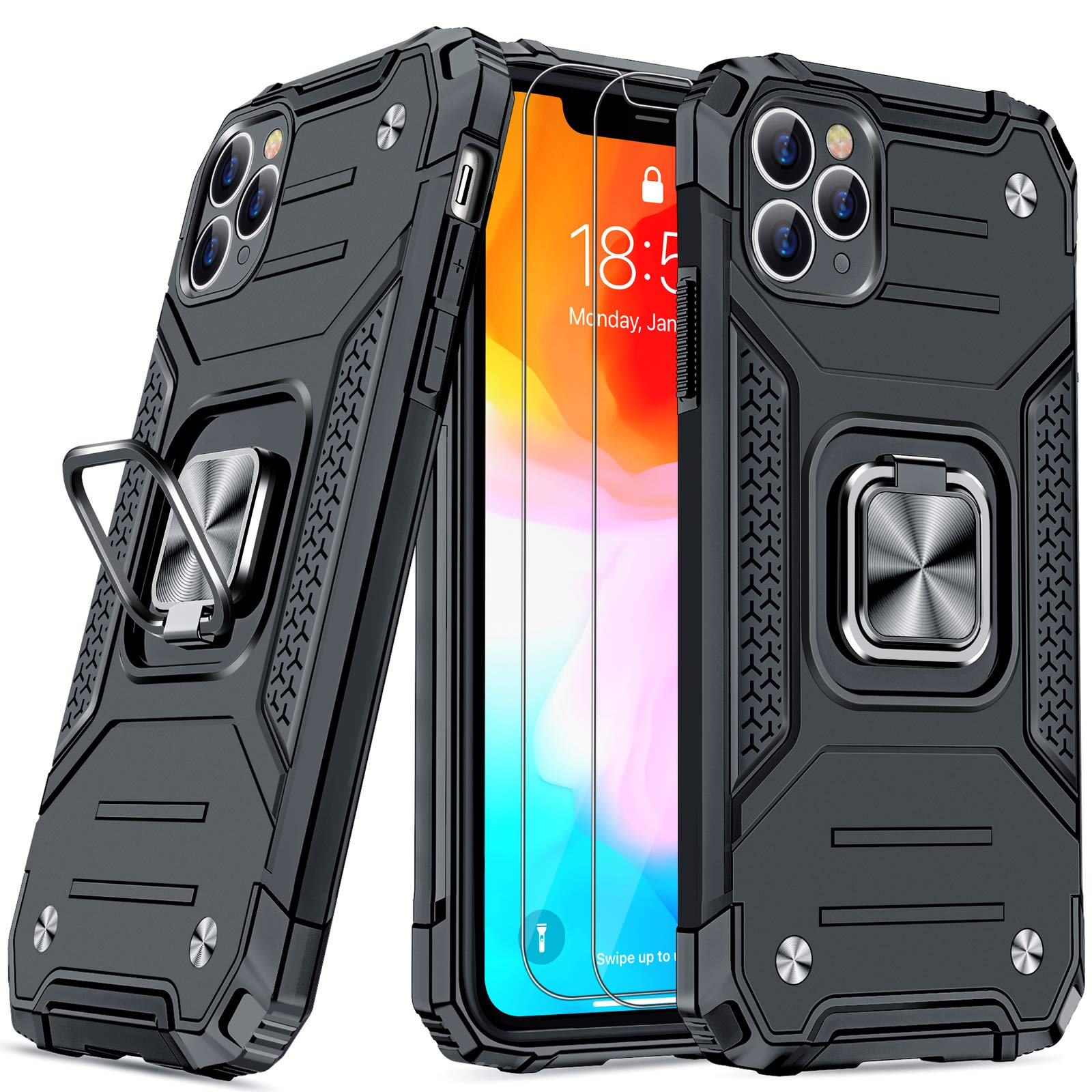 JAME Case for iPhone 11 Pro Max Case with [Tempered-Glass Screen Protector 2Pcs], Military-Grade Drop Protection, Shockproof Protective 11 ProMax Case, with Ring Kickstand for iPhone 11 Pro Max Purple
