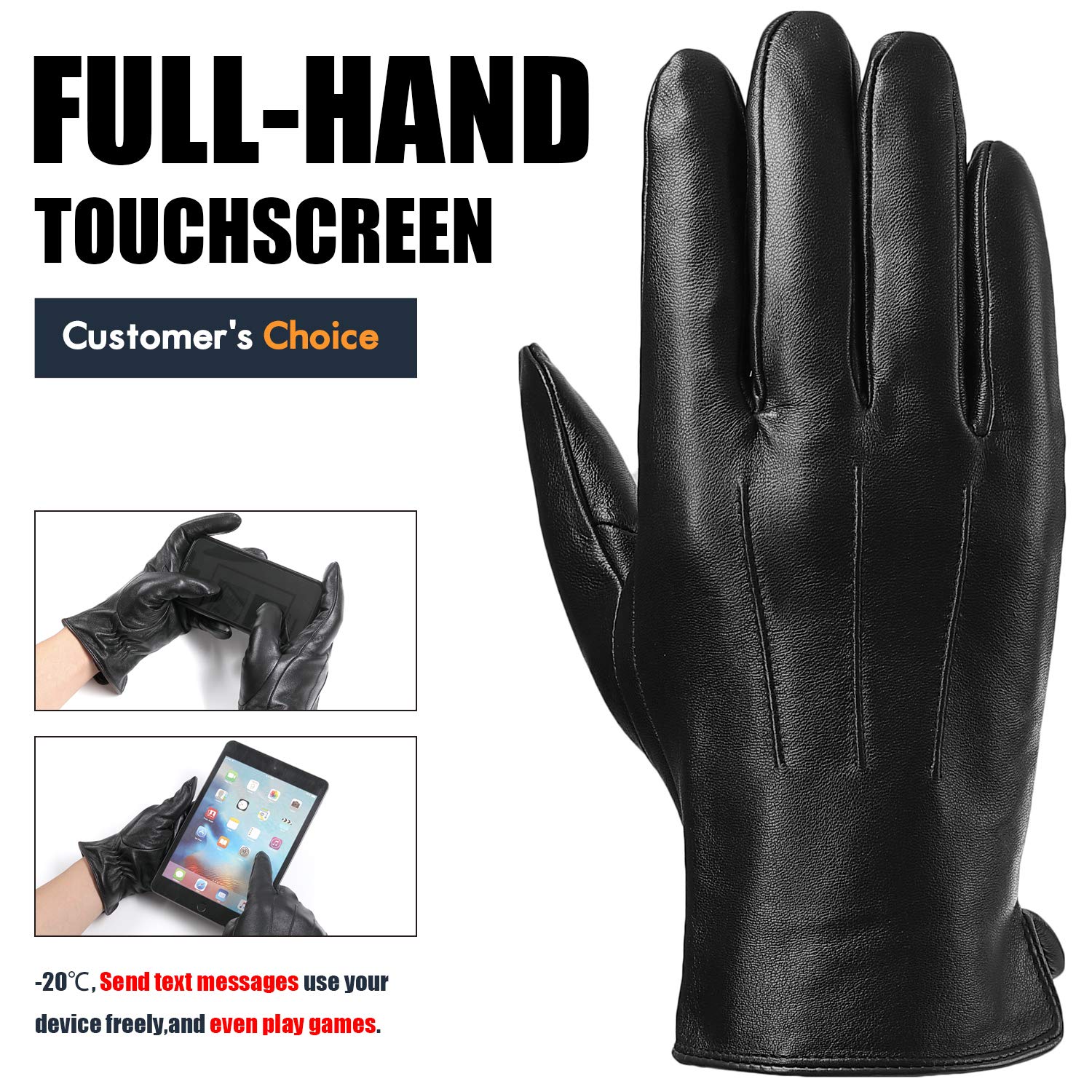 Harrms Leather Gloves for Mens, Full-Hand Touchscreen Mens Warm Cold Weather Gloves for Texting Driving Gift (M-8.5"(US Standard Size), BLACK)