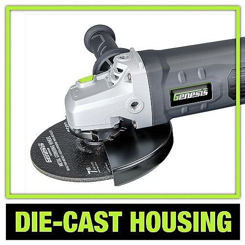 Genesis Angle Grinder 15 Amp 7 Inch 8,500 RPM Corded with 3-Position Side Handle, Wheel Guard and Grinding Wheel and 2 Year Warranty (GAG1570), Gray