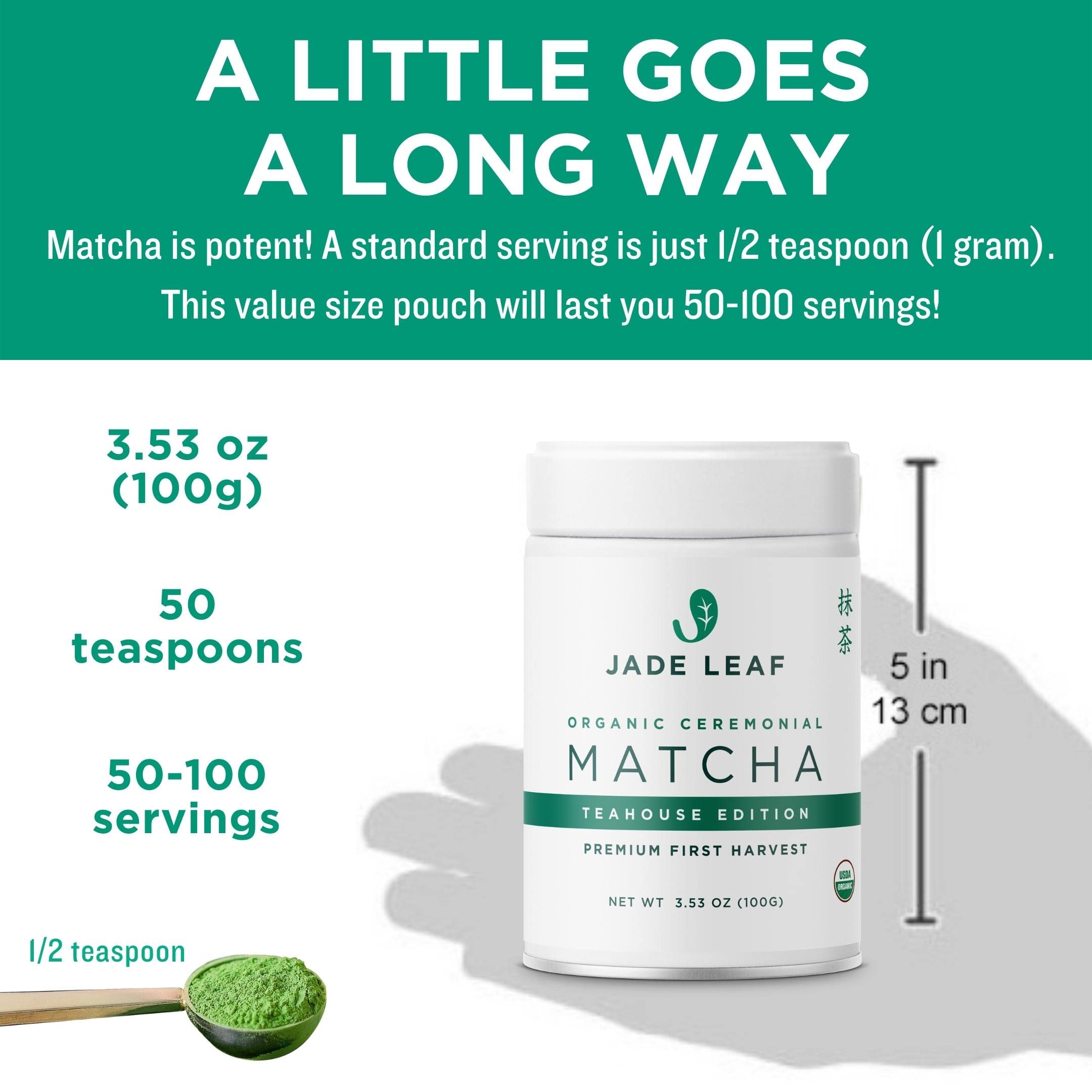 Jade Leaf Matcha Organic Green Tea Powder, Ceremonial Grade, Teahouse Edition Premium First Harvest - Authentically Japanese (3.53 Ounce Tin)