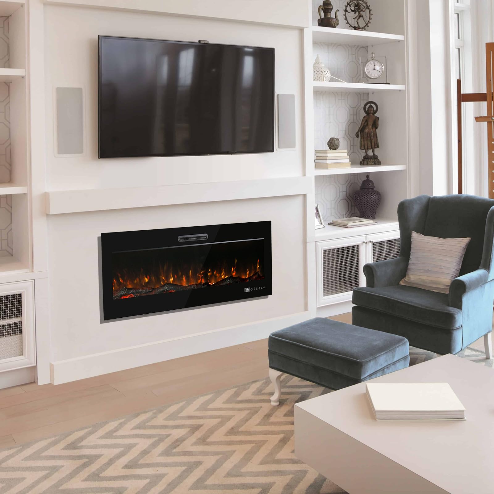 Hello.Dr 50" Ultra-Thin Electric Fireplace Recessed and Wall Mounted - Touch Screen & Remote Control with 12h Timer - Realistic 9 Color Flame and 5 Brightness - Log & Crystal Options,750/1500W