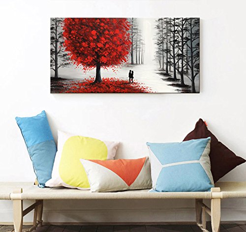 Hand Painted Oil Painting Black and White Landscape Canvas Wall Art with Red Tree for Living Room