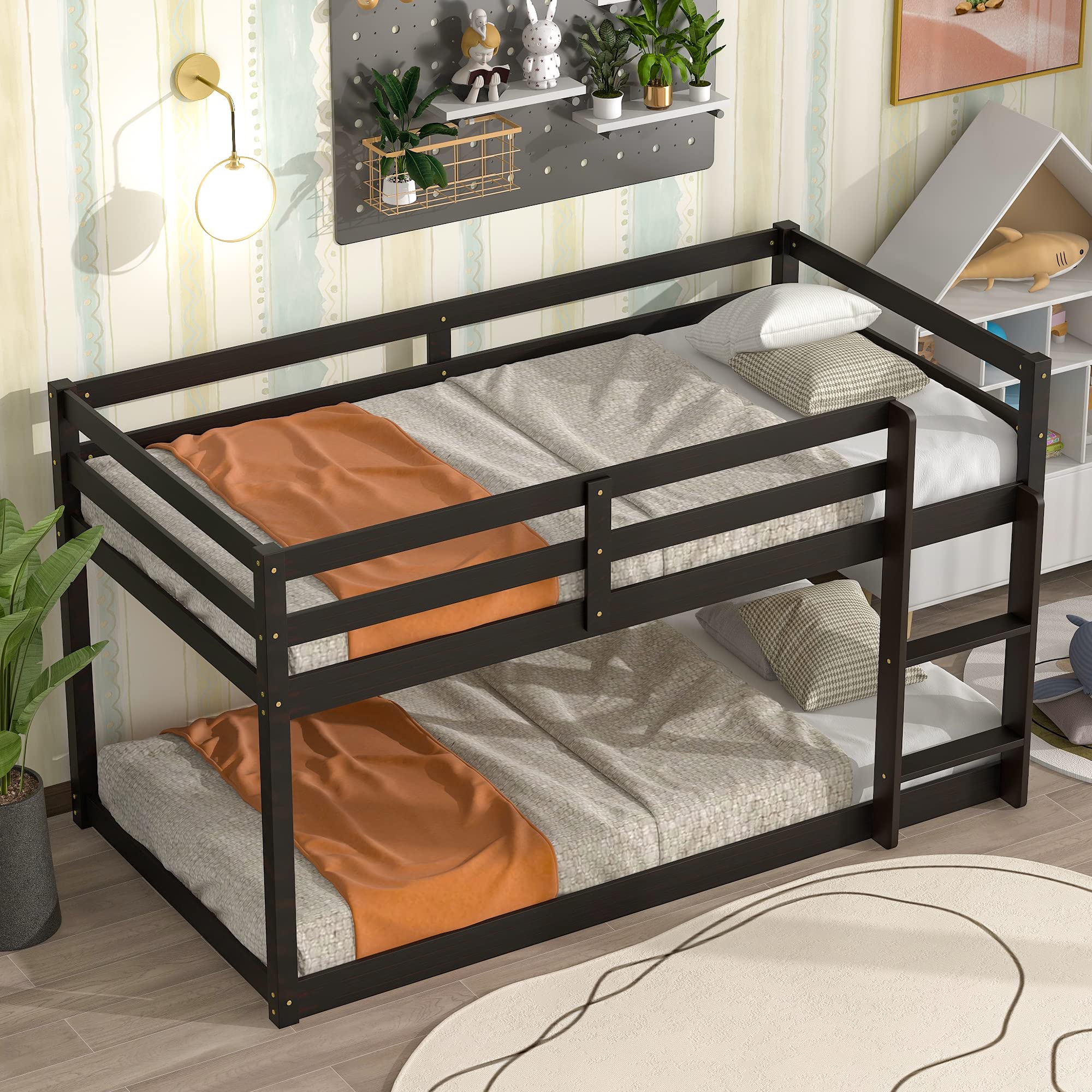 GJHOME Low Bunk Beds Twin Over Twin Floor Bunk Bed Frame Junior Loft Bed for Kids Boys Girls Teens, Espresso