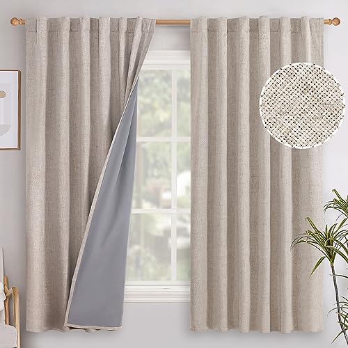 YoungsTex Linen 100% Blackout Curtains for Bedroom 63 Inches Length 2 Panels, Thermal Insulated Linen Textured Full Room Darkening Curtains for Living Room Back Tab and Rod Pocket, 52 X 63 Inch, Beige
