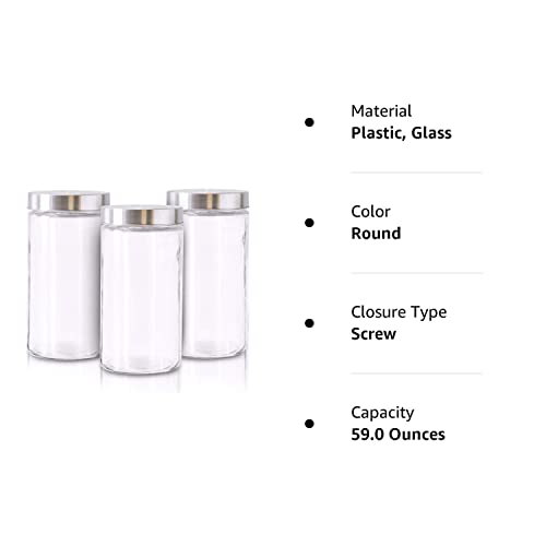 Glass Jars for Kitchen β Set of 3 Large Food Storage Containers β 60Oz Storage Jars with Metallic Lids β Multipurpose Glass Containers for Snacks, Coffee, Pet Treats β Screw-On Lid