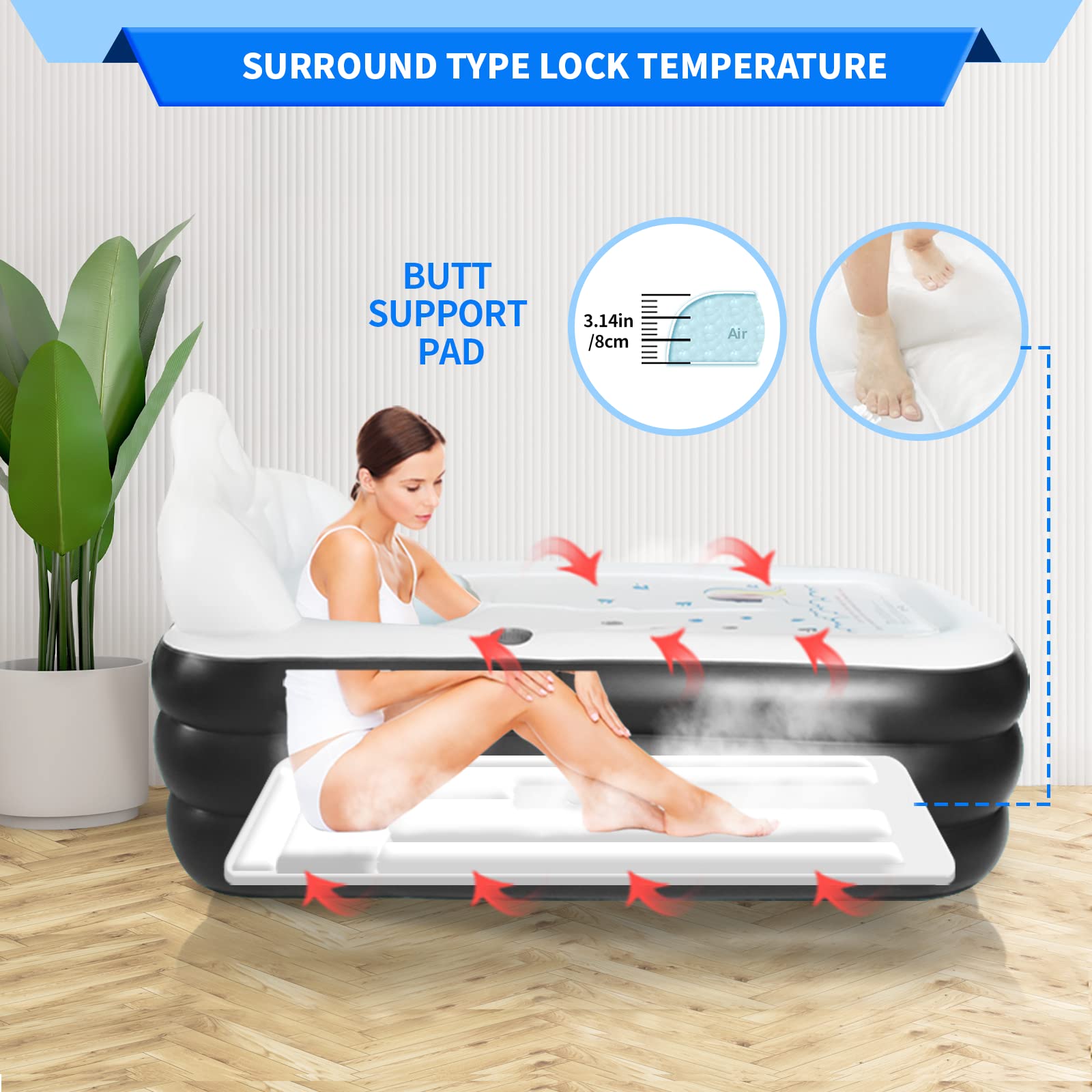 Inflatable Portable Bathtub-Family SPA Freestanding Bathtub with Bath Pillow-Inflatable Bathtub With Neck and Back Support-Suitable For Cold Plunge Tub-Training Tub-Ice Bath & Hot Bath,63''X35''(Grey)