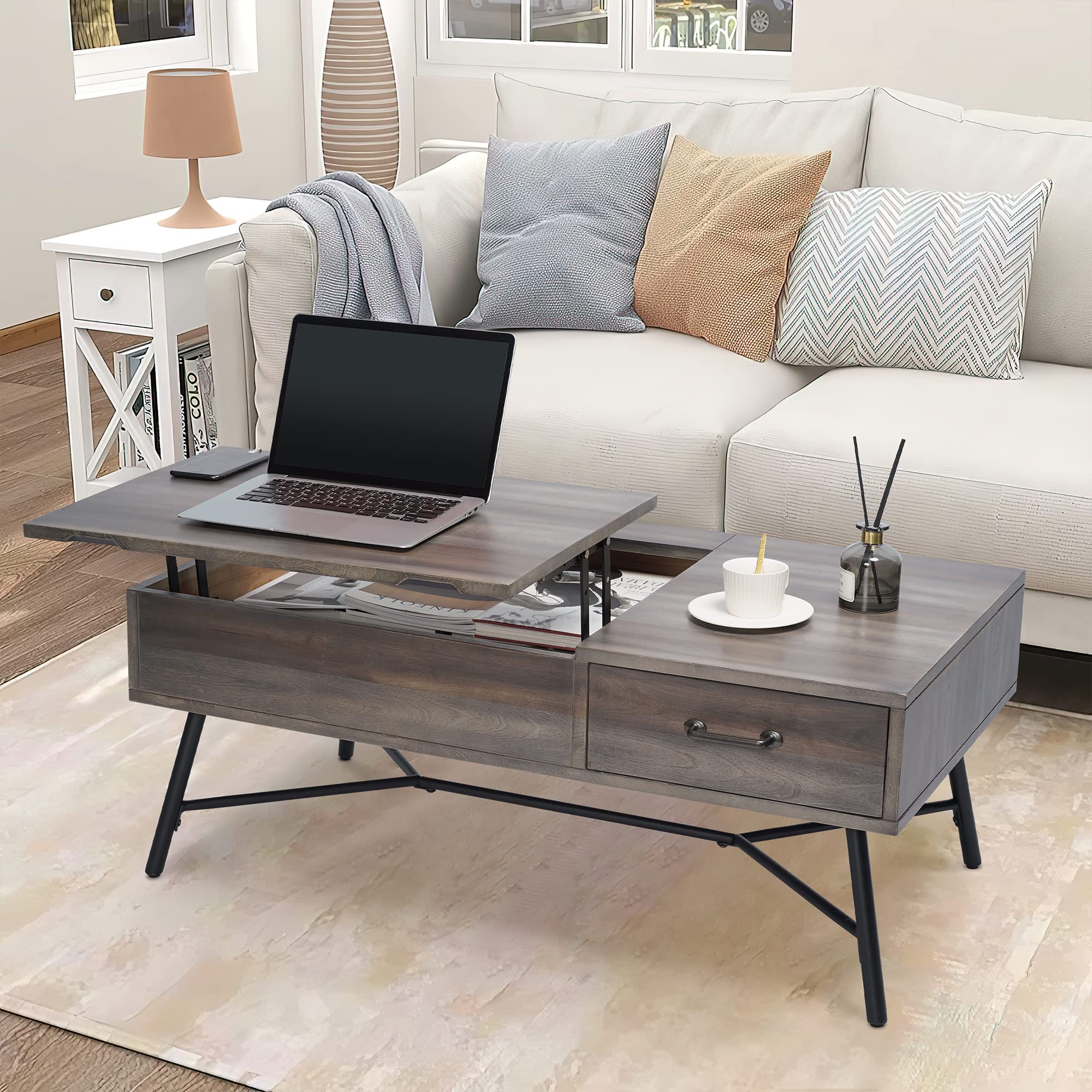 GREATUNE MCM Coffee Table for Living Room, Slide Top Coffee Tables, Rustic Natural Wood Veneer Coffee Table with Open Storage, Mid Century Coffee Table for Reception Home Office, Metal Legs, 31-Grey
