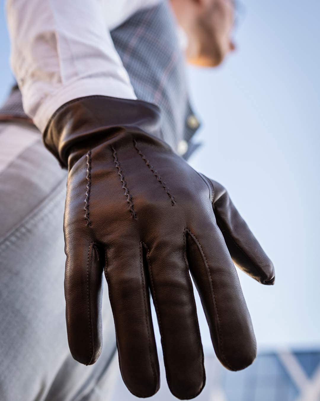 Harssidanzar Leather Gloves for Men,Winter Sheepskin Driving Riding Gloves Cashmere Lined,Black, L