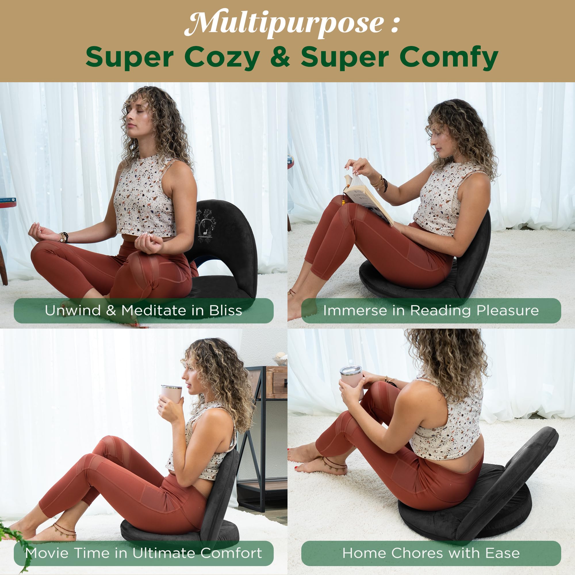 Japanese Meditation Floor Chair with Back Support for Adults - Premium Meditation Chair with Adjustable & Foldable Back for Seating, Yoga & Gaming — Folding Backjack Chairs with Backrest for Adults