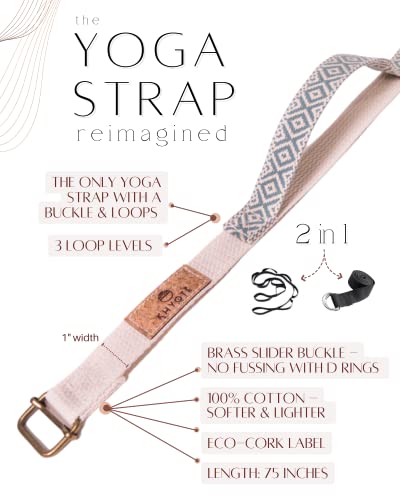 KHYOTE Yoga Strap With Loops - Stretching Strap, 100% Ultra-Soft Cotton, Made in USA, Eco-friendly, Physical Therapy Strap, Yoga Stretch Strap & Mat Carrier - 2 in 1 Versatile Design