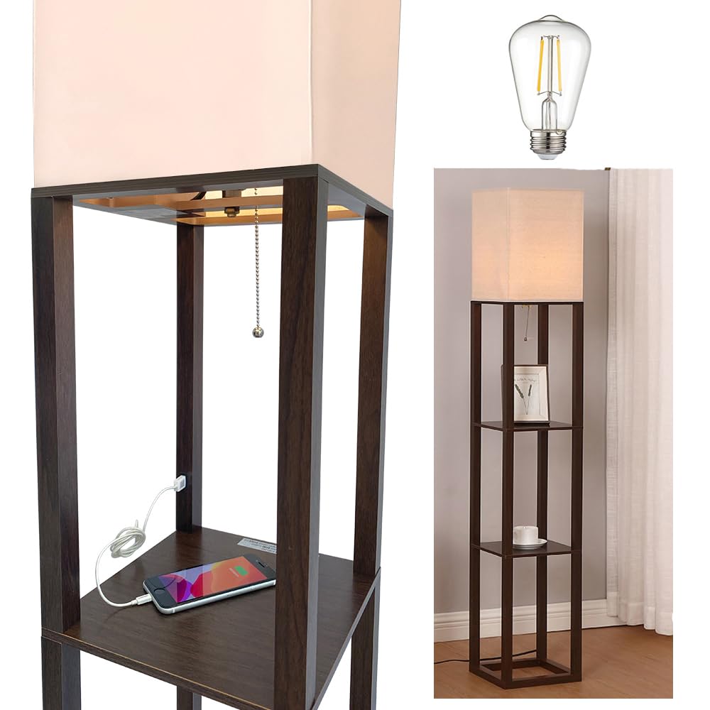 HomeFocus - Floor Lamp with Shelves,Floor Lamp with USB Charging Port,Shelf Floor Lamp,Corner Display Floor Lamp with Shelves for Living Room,Bedroom and Office,Wood,Brown