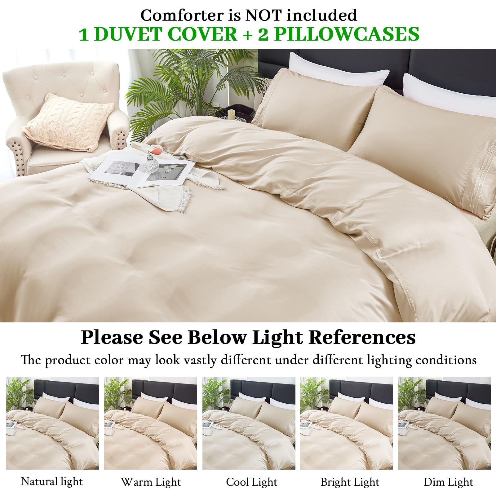 YIYEA Duvet Cover Queen Size - 100% Organic Viscose Derived from Bamboo - Luxury 600 Thread Count Cooling Comforter Cover Set for Hot Sleepers, Silky Soft and Breathable - Beige
