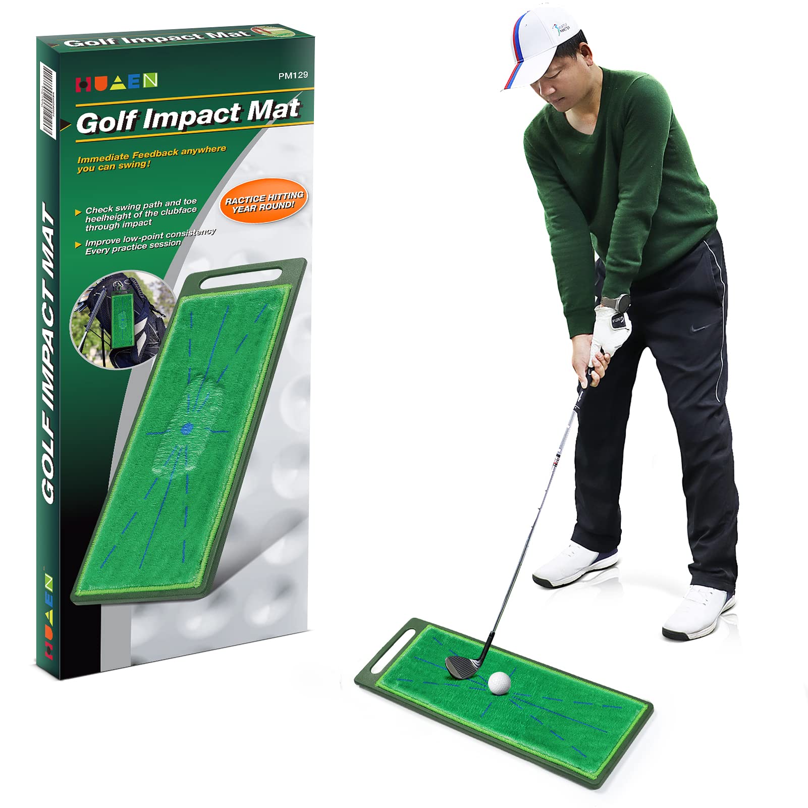 HUAEN Golf Hitting Mat,Golf Swing Training Impact Mat,Analysis & Correct Your Swing Path, Advanced Guide, Practice Grass Mat for Indoor/Outdoor