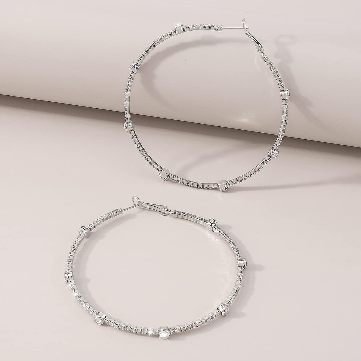 Jumwrit Big Rhinestone Hoop Earrings Large Round Circle Earrings Chain Dangle Earrings Sparkle Stud Earrings for Women Girls(Silver)