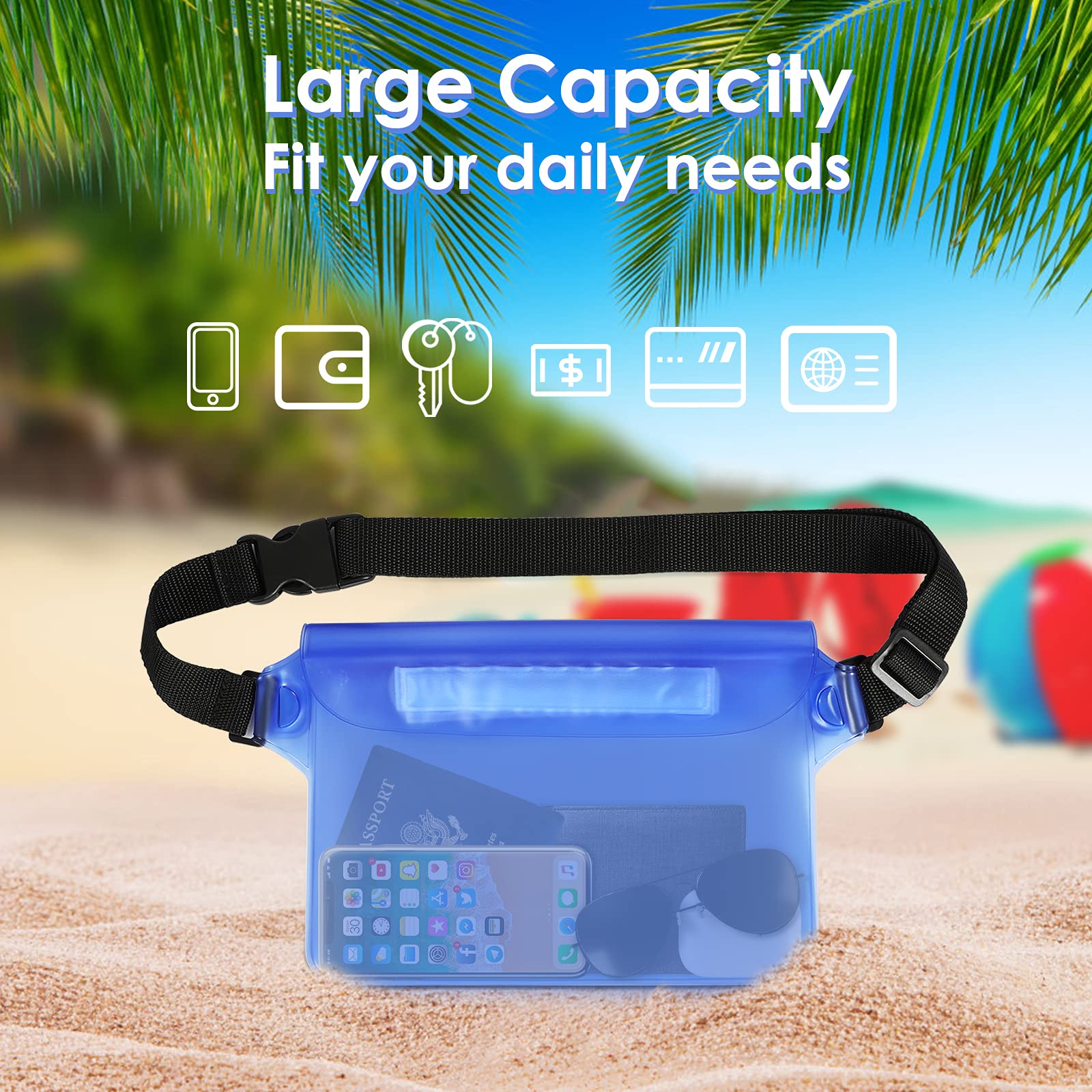hanmir 2-Pack Waterproof Bag, Screen Touch Sensitive Waterproof Pouch with Adjustable Waist Strap, Waterproof Case Bag for Swimming,Diving,Beach,Fishing, Etc