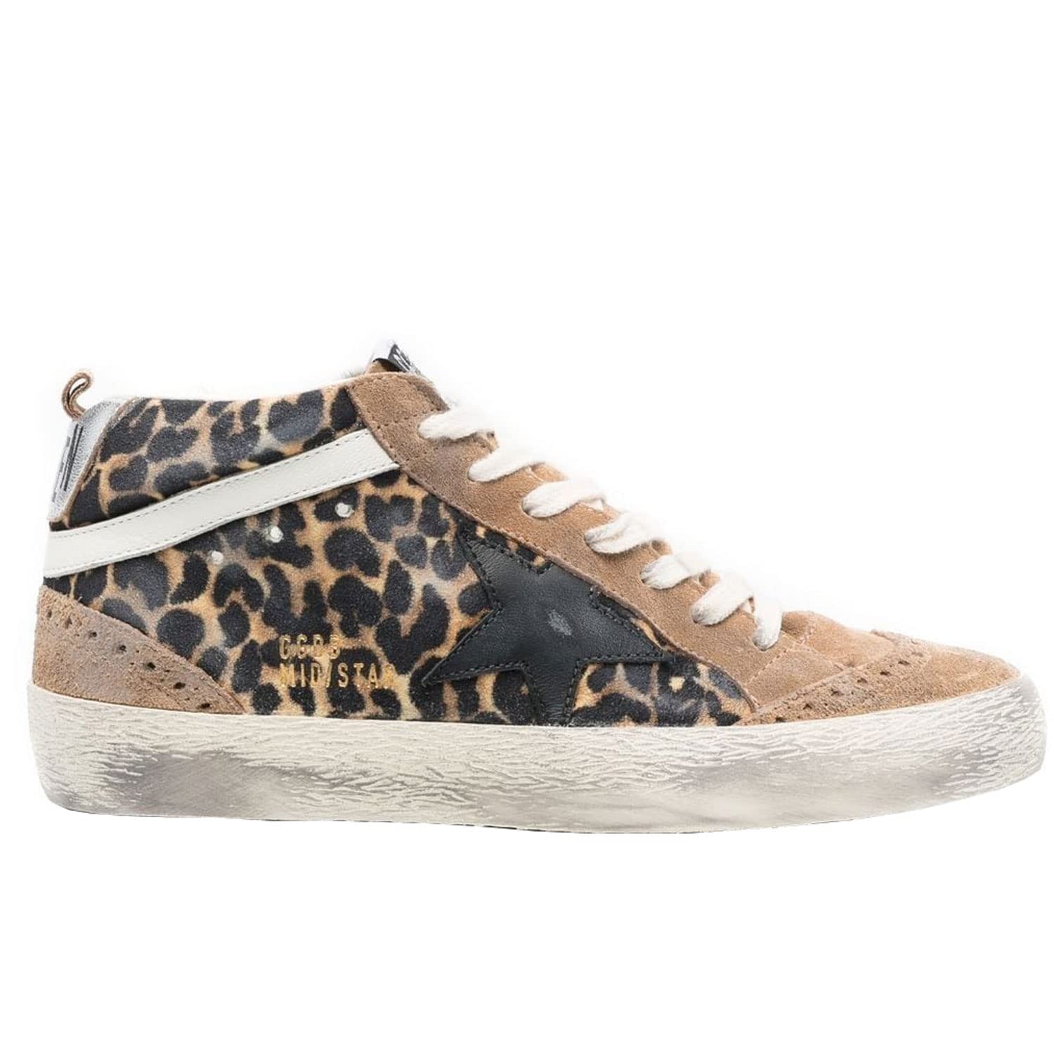 Golden Goose Mid Star Leo Star Printed Suede Upper Leather Laminated Heel Womens Distressed Sneakers-39 Brown