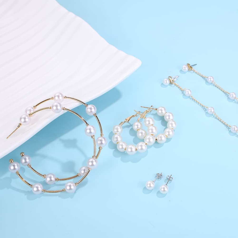 Hossatic 4 Pairs Pearl Earrings for Women Set Lightweight Pearl Hoop Earrings Faux Pearl Stud Earrings Drop Dangling