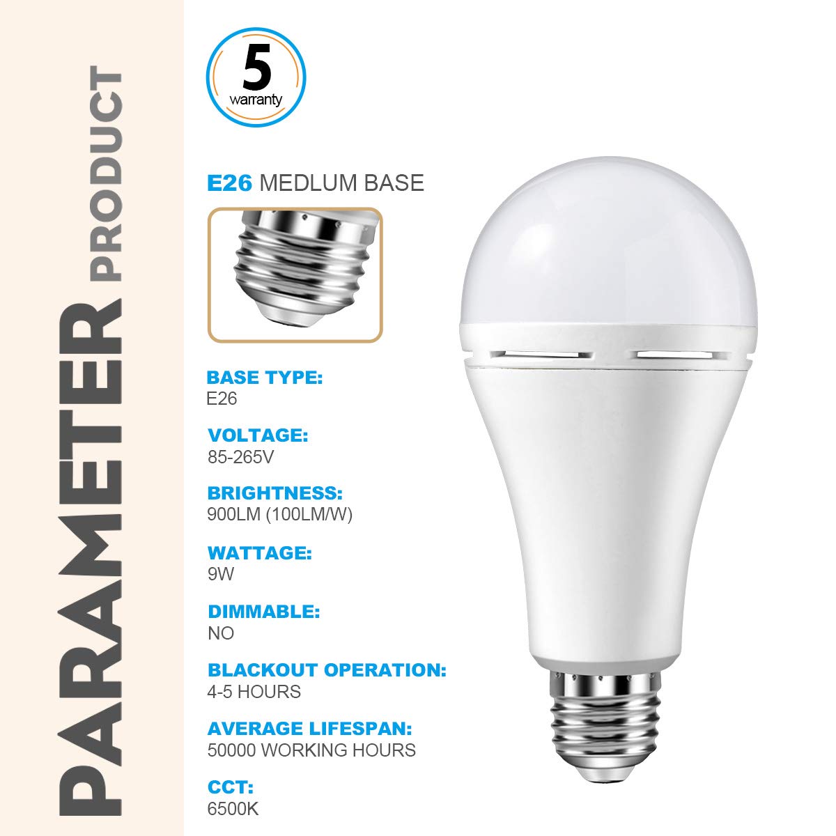HOLDWILL 5 Pack Rechargeable Emergency LED Bulb, Multi-Function Battery Backup Emergency Light for Power Outage Camping Outdoor Activity 9W 900LM 60W Equivalent White Daylight 6000K with E26/E27 Base