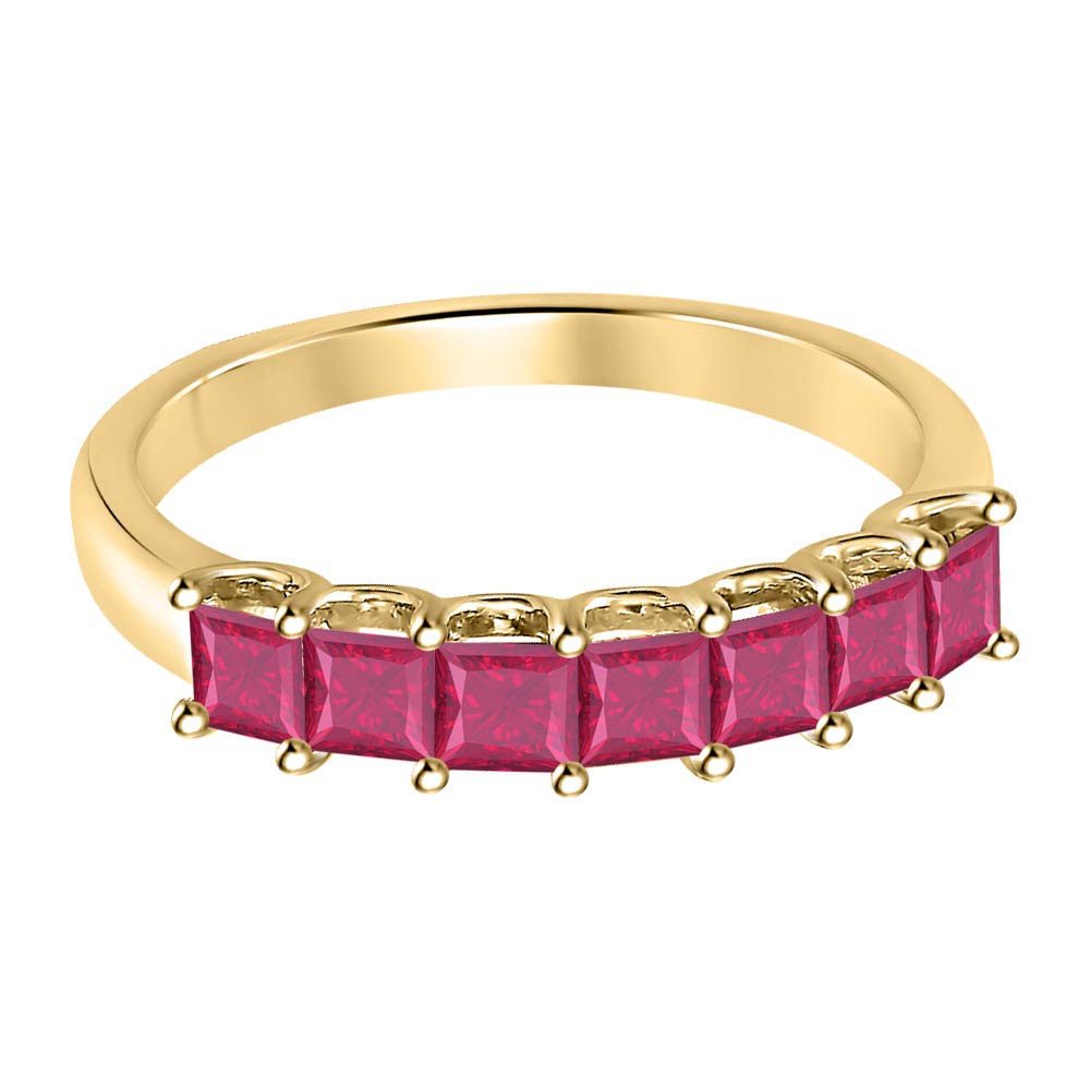 Gold & Diamonds Jewellery 1.50ctw Princess Cut Ruby Seven Stone Half Eternity 14k Yellow Gold Over .925 Sterling Silver Wedding Band Ring for Womens.