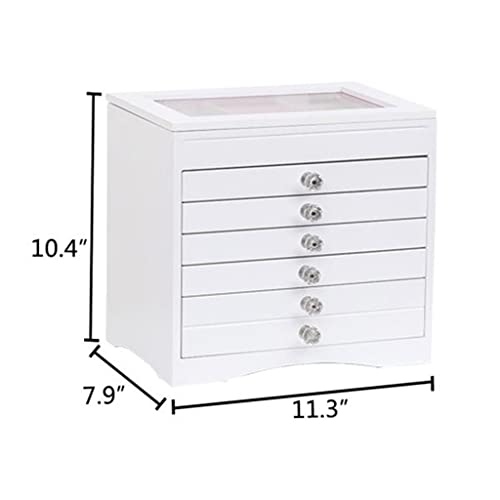 ZSEDP High Large Gloss Wooden Jewellery Box Armoire Bracelet Organizer Storage 5 Layers Glass White US Warehouse