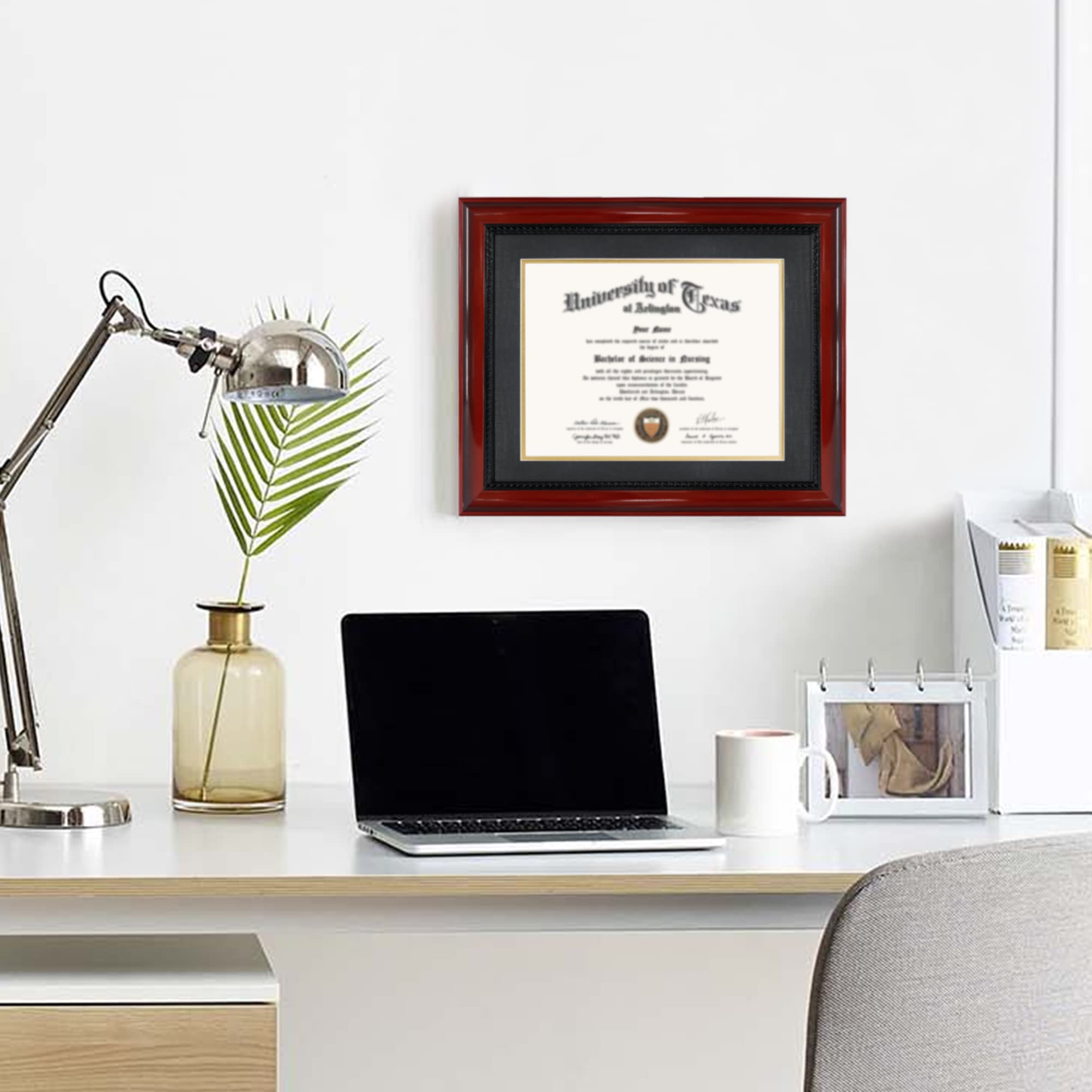 GMFrames 8.5x11 Diploma Degree Frame with Mat or Display 11x14 Certificates without Mat,Solid Wood,Cherry Finish with Intricate Black Rope Detail,UV Protection Acrylic