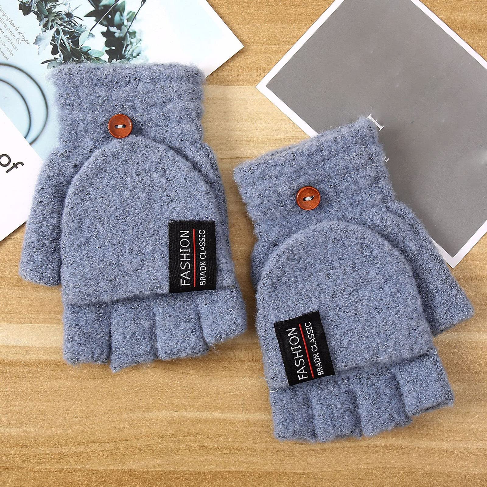 Knitted Warm Convertible Flip Mittens Top Fingerless Men Winter Gloves Men Gloves Womens Ski Mittens (Light Blue, A)