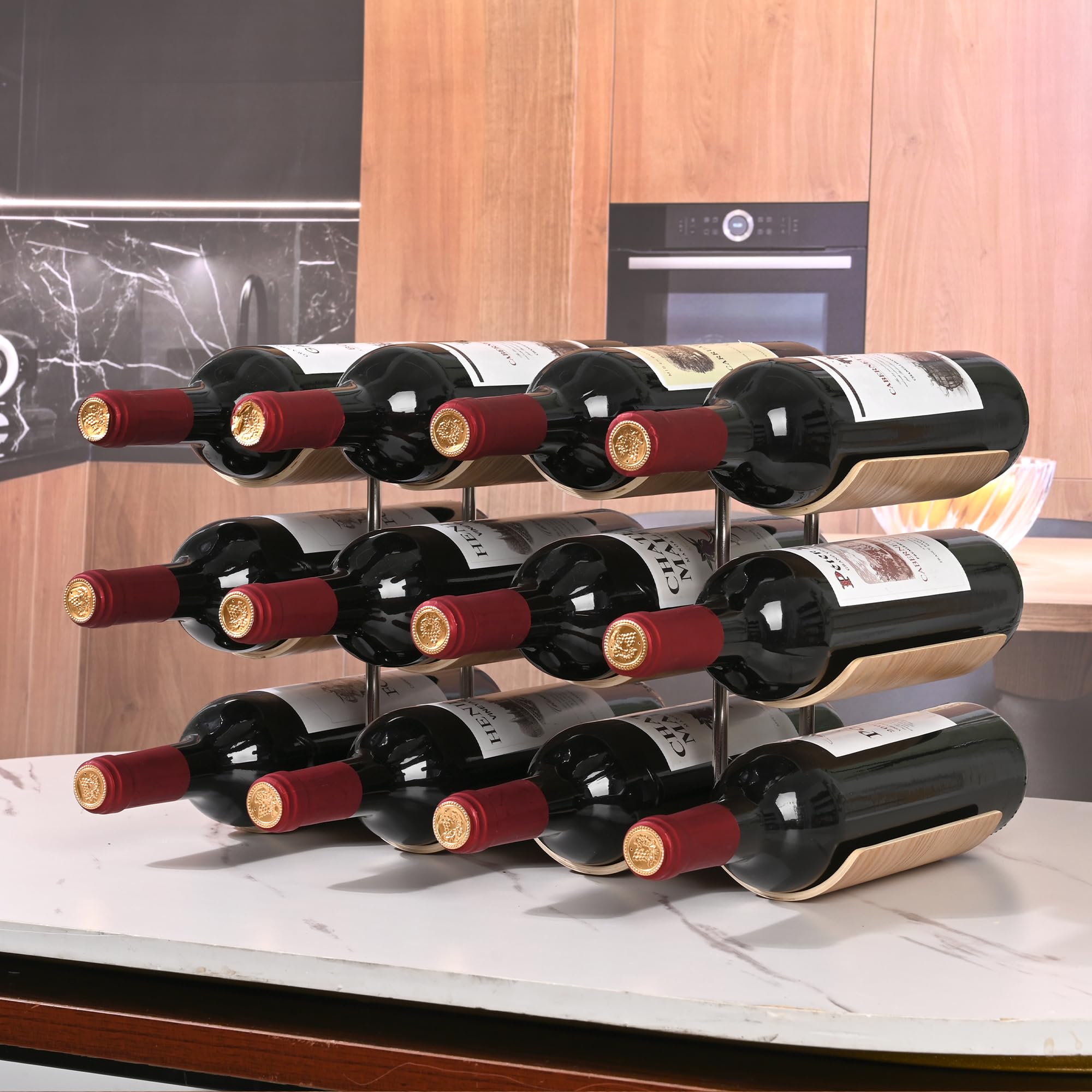 TRUDING Countertop Wine Rack - 12 Bottle Freestanding Wine Bottle Holder Stand - 3 Tier Wooden Wine Storage Rack - Wavy Wine Organizer for Cabinet Pantry Home Kitchen Bar