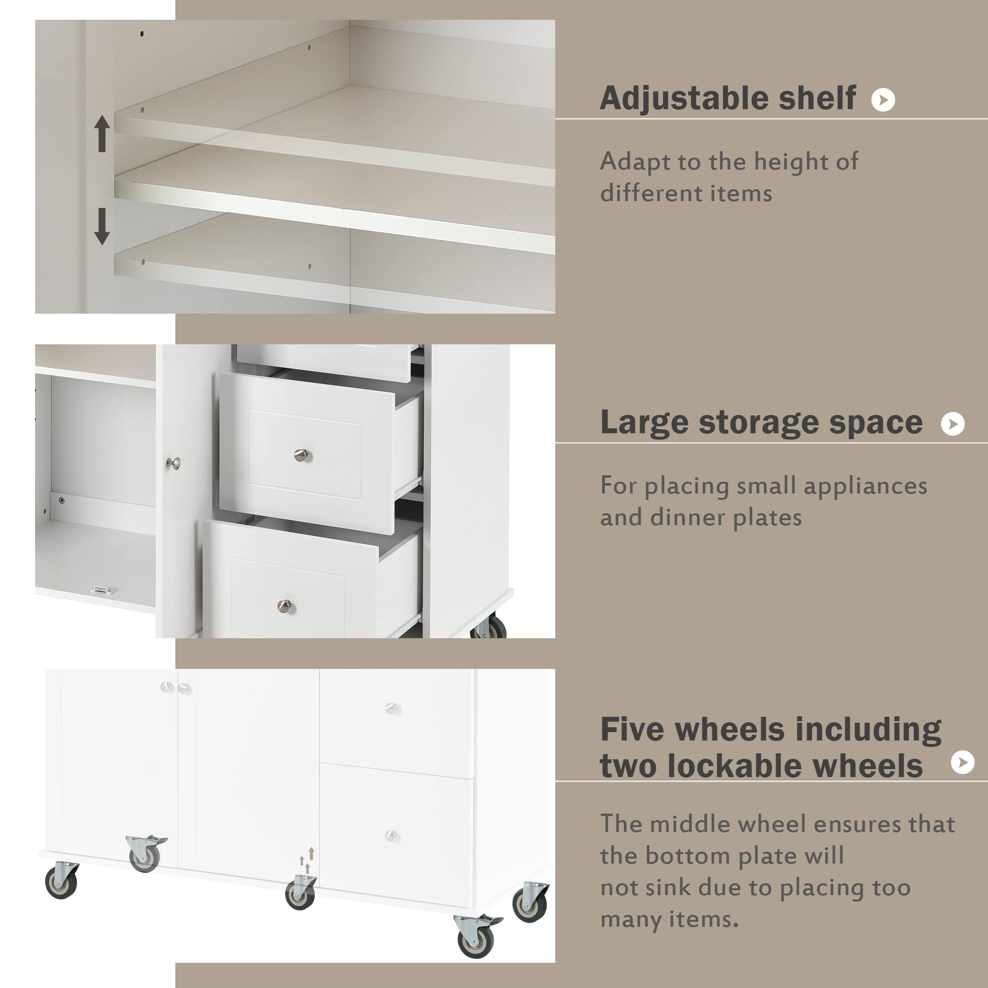 GLANZEND 52.7" Rolling Mobile Kitchen Island Cart with Drop Leaf Wood Top, Adjustable Shelves Coffee Bar Trolley on Lockable Casters & Storage Cabinet & 3 Drawers for Dining Room, White