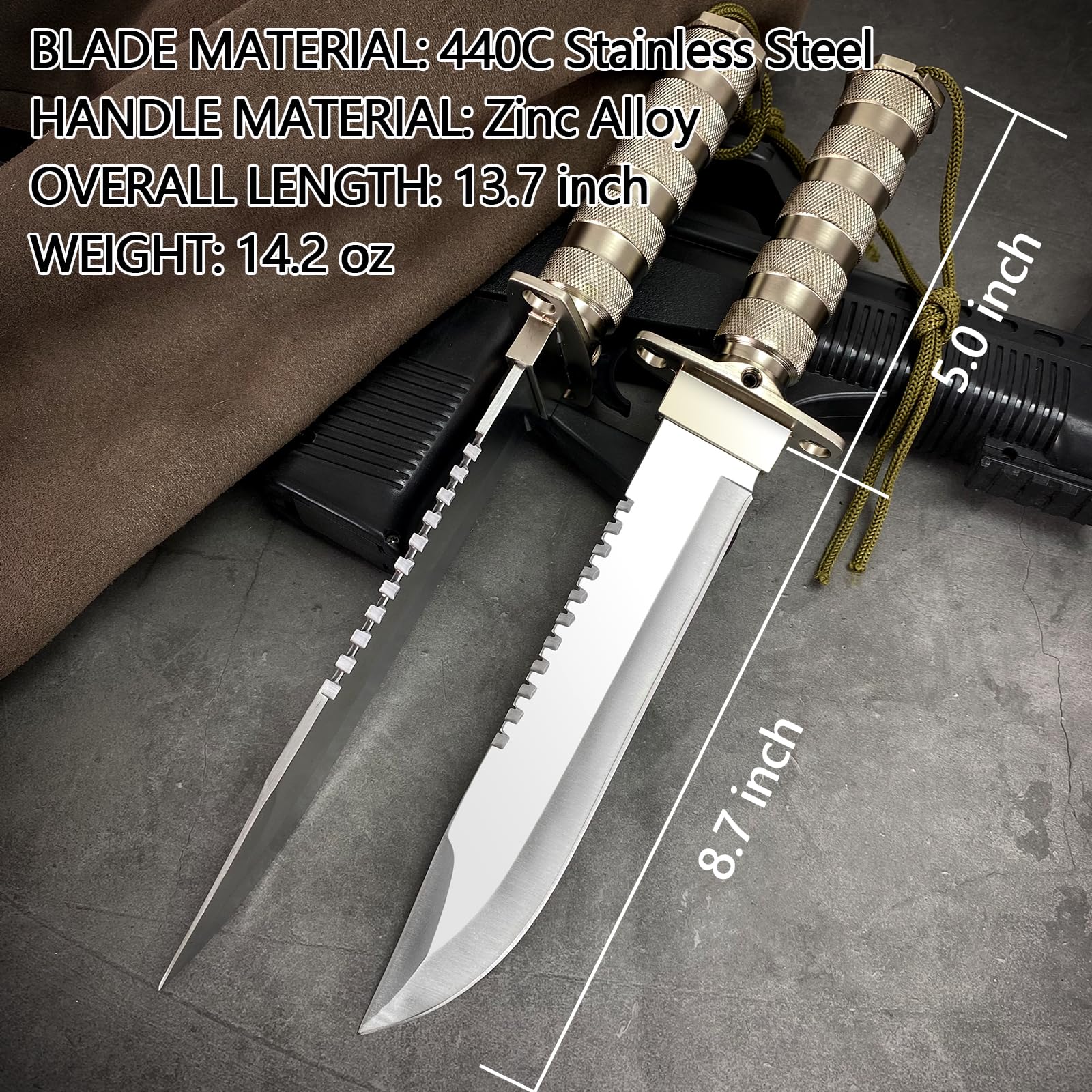 HOLYEDGE 13.7" Heavy Duty Fixed Blade Knife with Aluminium Alloy Handle Tactical Hunting Dagger Weapons Military Combat Knife
