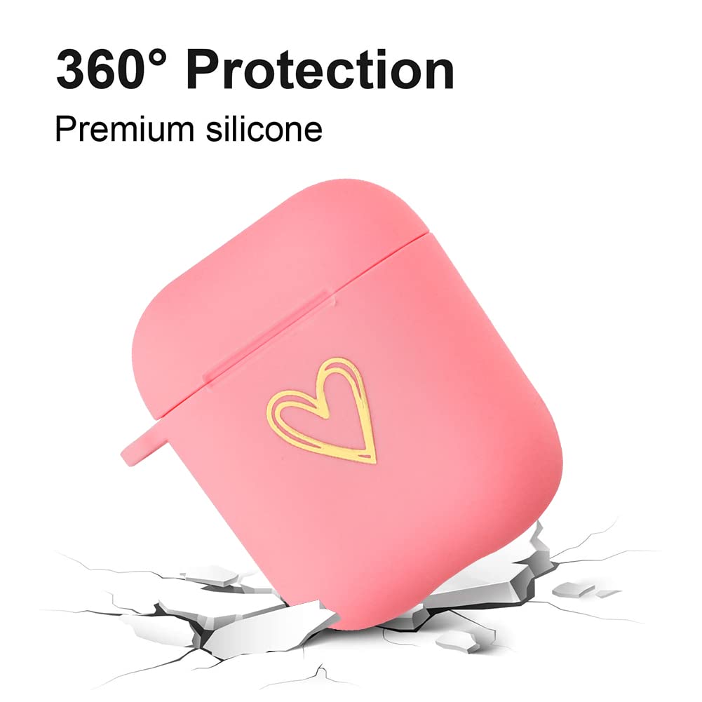 MOWIME Compatible with AirPods 1 Case Silicone, Love Heart Cute Pattern AirPods 2 Generation Case Full Body Protective Cover with Key-Chain for AirPods 1/2 Charging Case -Pink