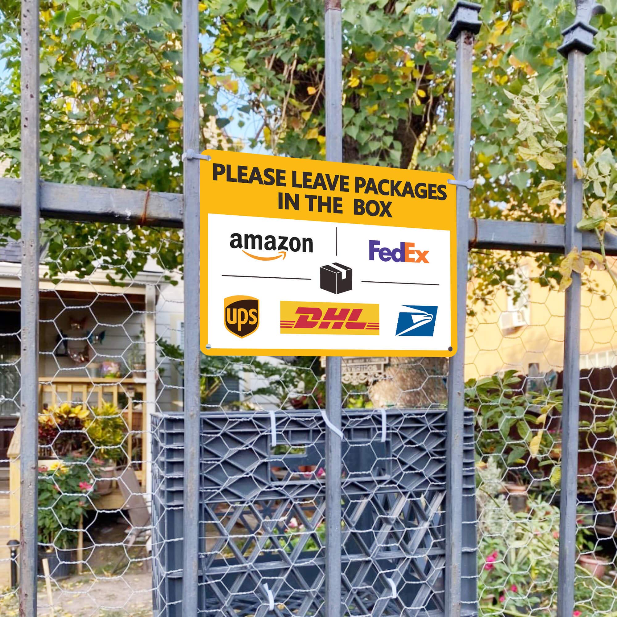 Package Delivery Sign Delivery Instructions Sign 2 Pack Leave Packages in The Box Sign,Two For One : 1 Pcs Super Tough PVC+1 Pcs Self Adhesive Vinyl, Rust-Free, Weather-Proof