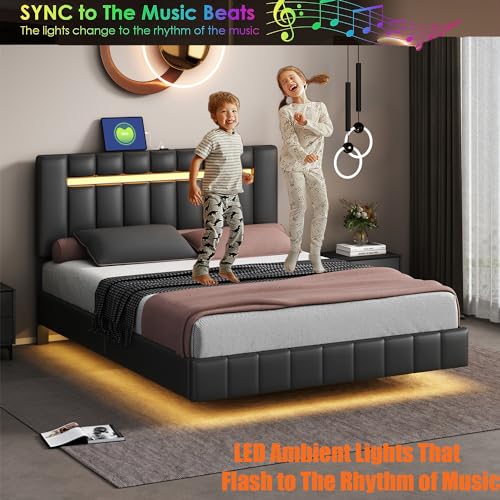 Queen Size Floating Bed Frame,with LED Atmosphere Lights & USB Charging,Modern Upholstered PU Platform LED Bed Frame,Adjustable Headboard Smart Thick Bed, Noiseless No Box Spring Needed (Black)