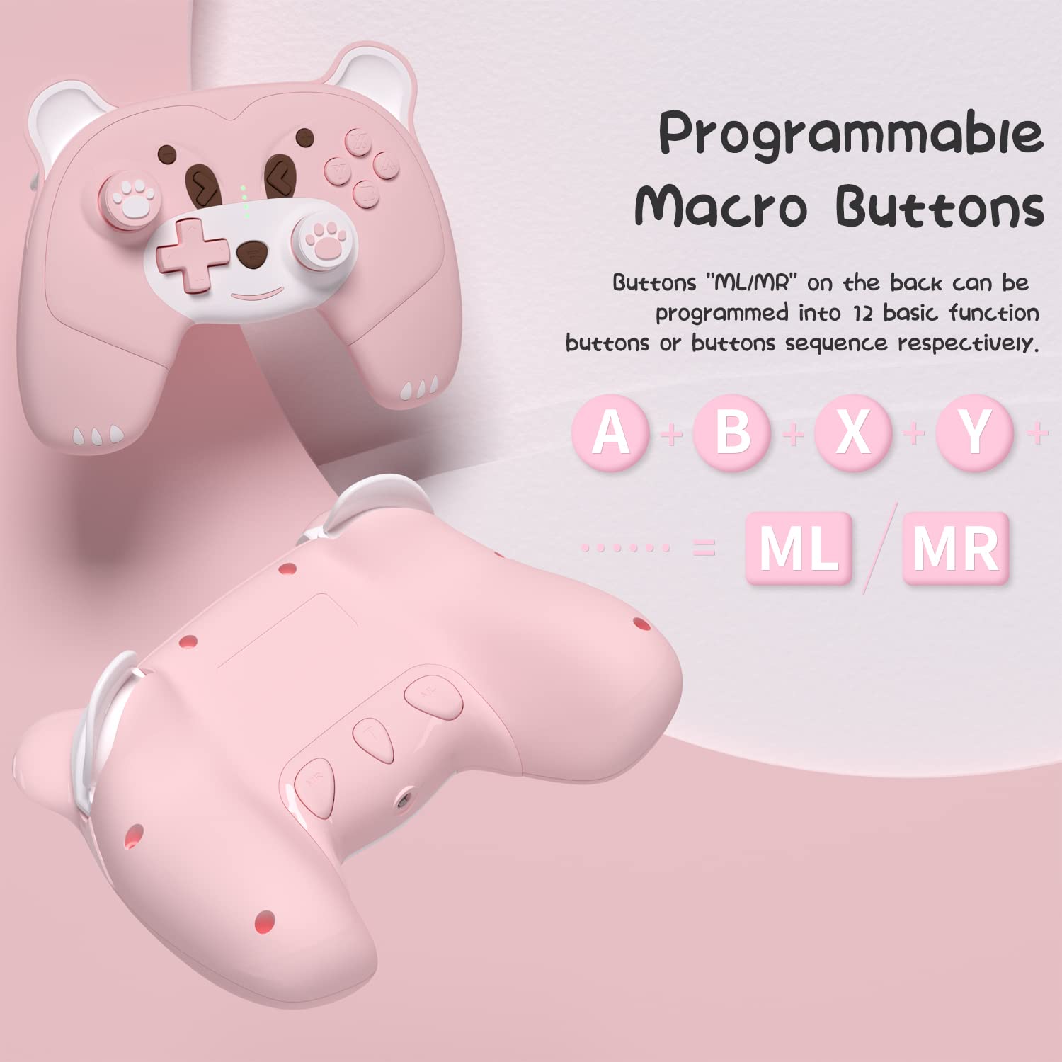 Mytrix Cute Wireless Controller for Switch/Switch Lite/Switch OLED, Pro Controller Wireless Switch Gamepad Bundle with Breathing Light, Macro, Headphone Jack, Turbo-Pink Berry
