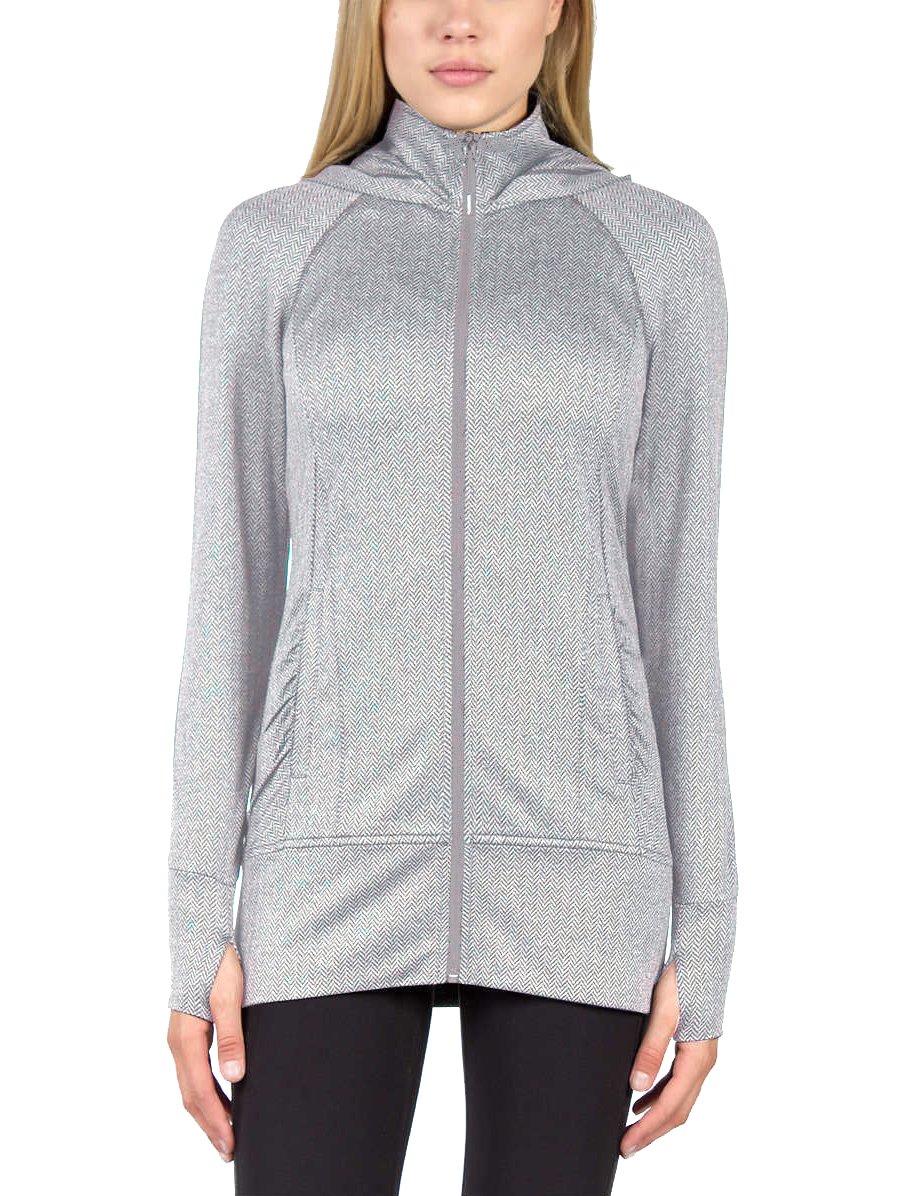 GGEZ Mondetta Women's Long Jacquard Hooded Knit Jacket (Gray/White Herringbone, X-Large)