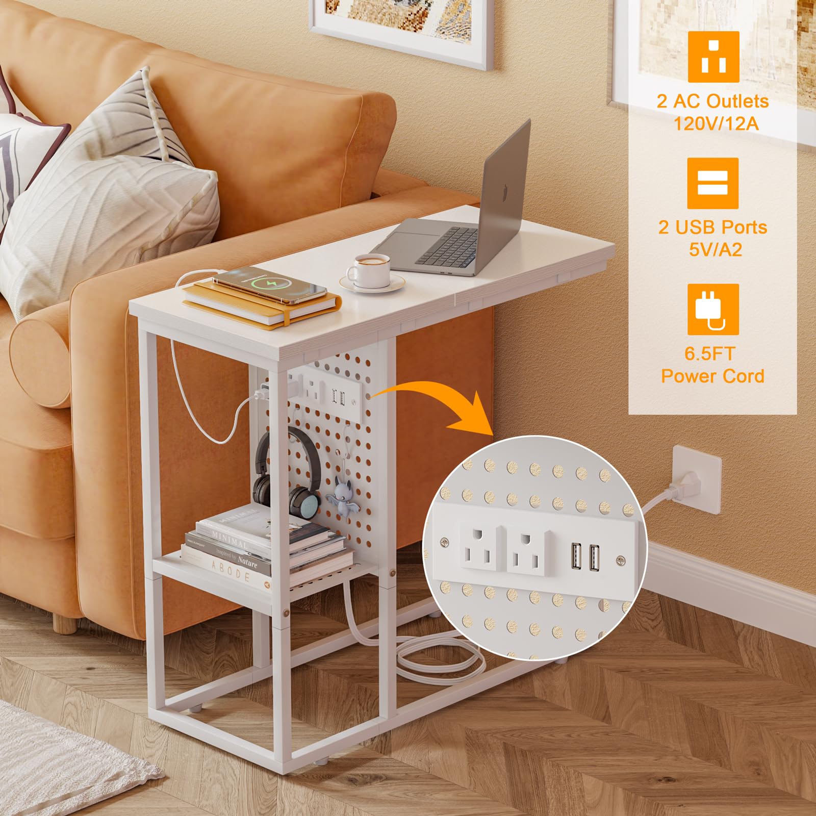 Furologee White C Shaped End Table with Charging Station, Side Table for Couch, Sofa Table with Storage Shelf, Reversible C Table/Small Coffee Table for Living Room, Metal Nightstand for Bedroom