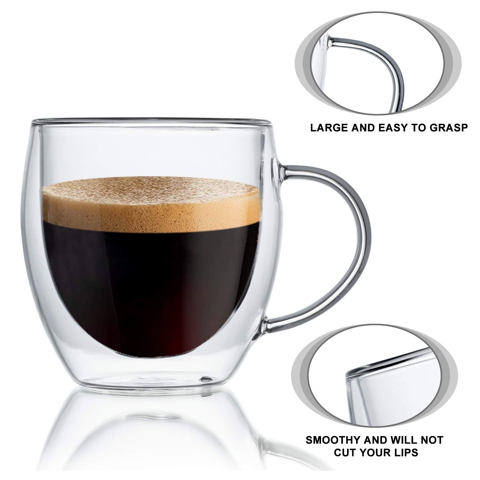 KitchenTour Insulated Coffee Mug 8 oz- Double Wall Glass Coffee Cup with Handle Set of 4 - Clear Glass Drinkware for Espresso,Cappuccino, Latte,Hot Beverages