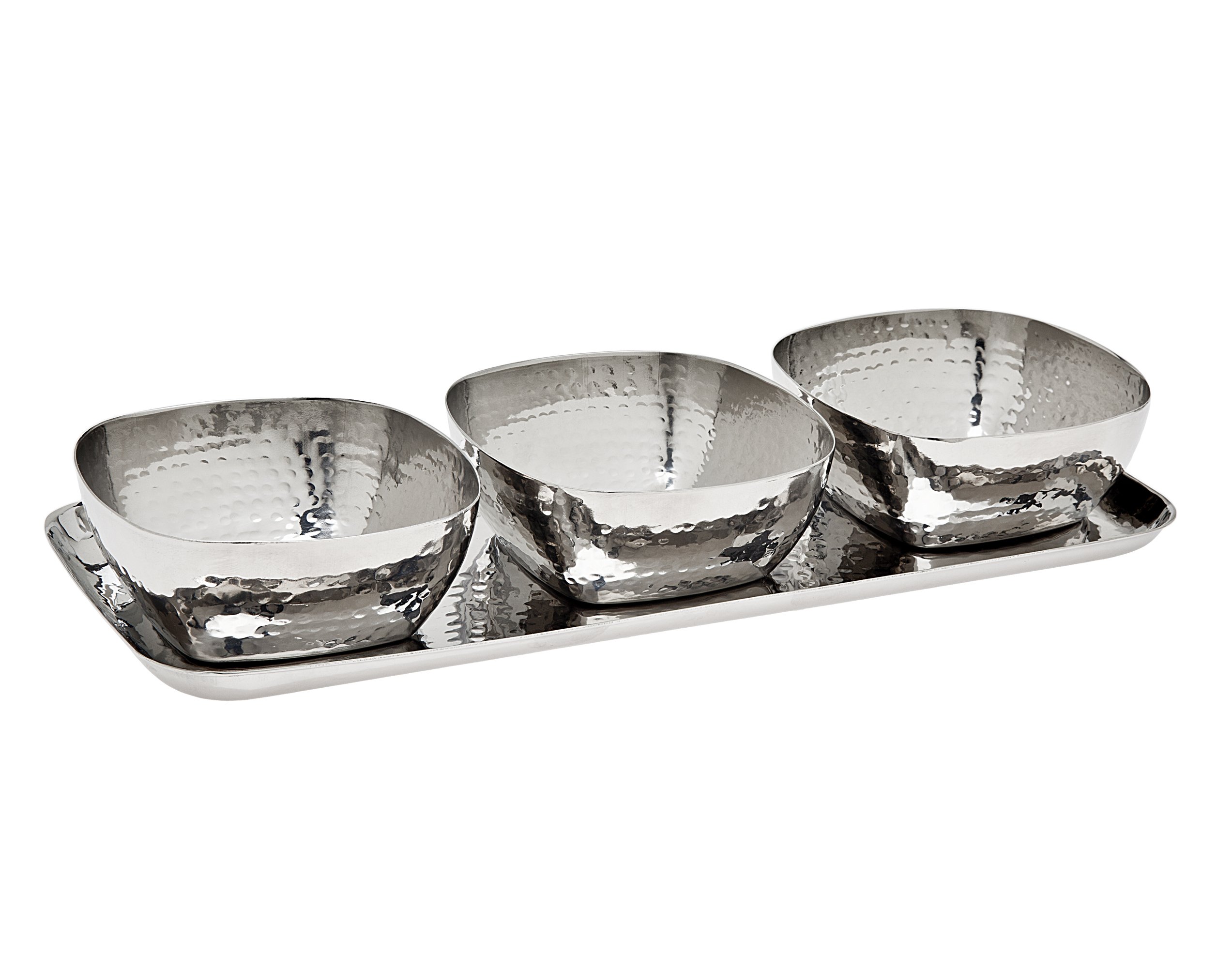 Godinger Silver Art 4-piece 5 Oz. 11" Hammered Stainless Steel Relish Tray Platter Set With 3 Square Bowls
