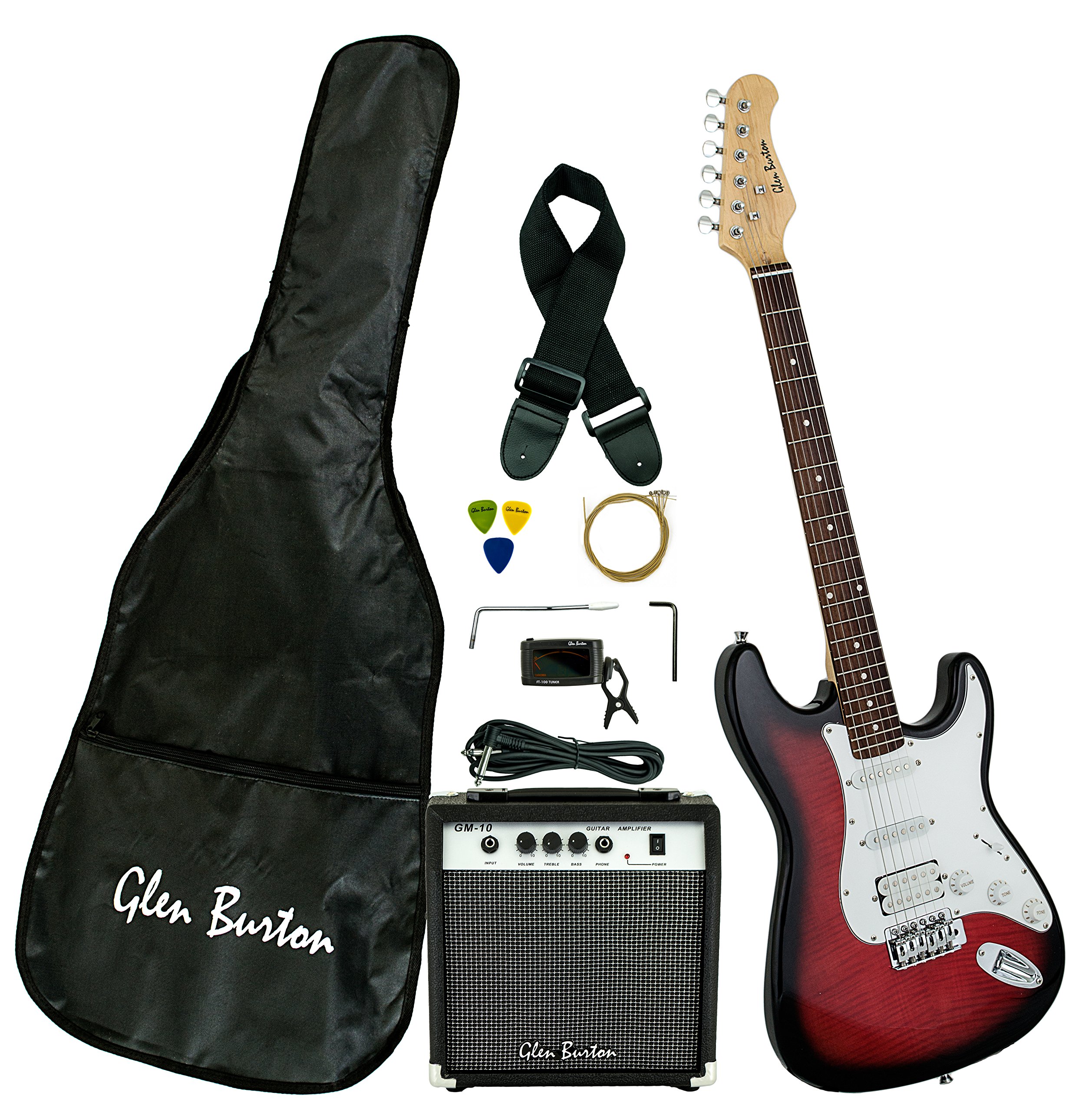 Glen Burton GE101BCO-RDS Electric Guitar Stratocaster-Style Combo with Accessories and Amplifier, Redburst