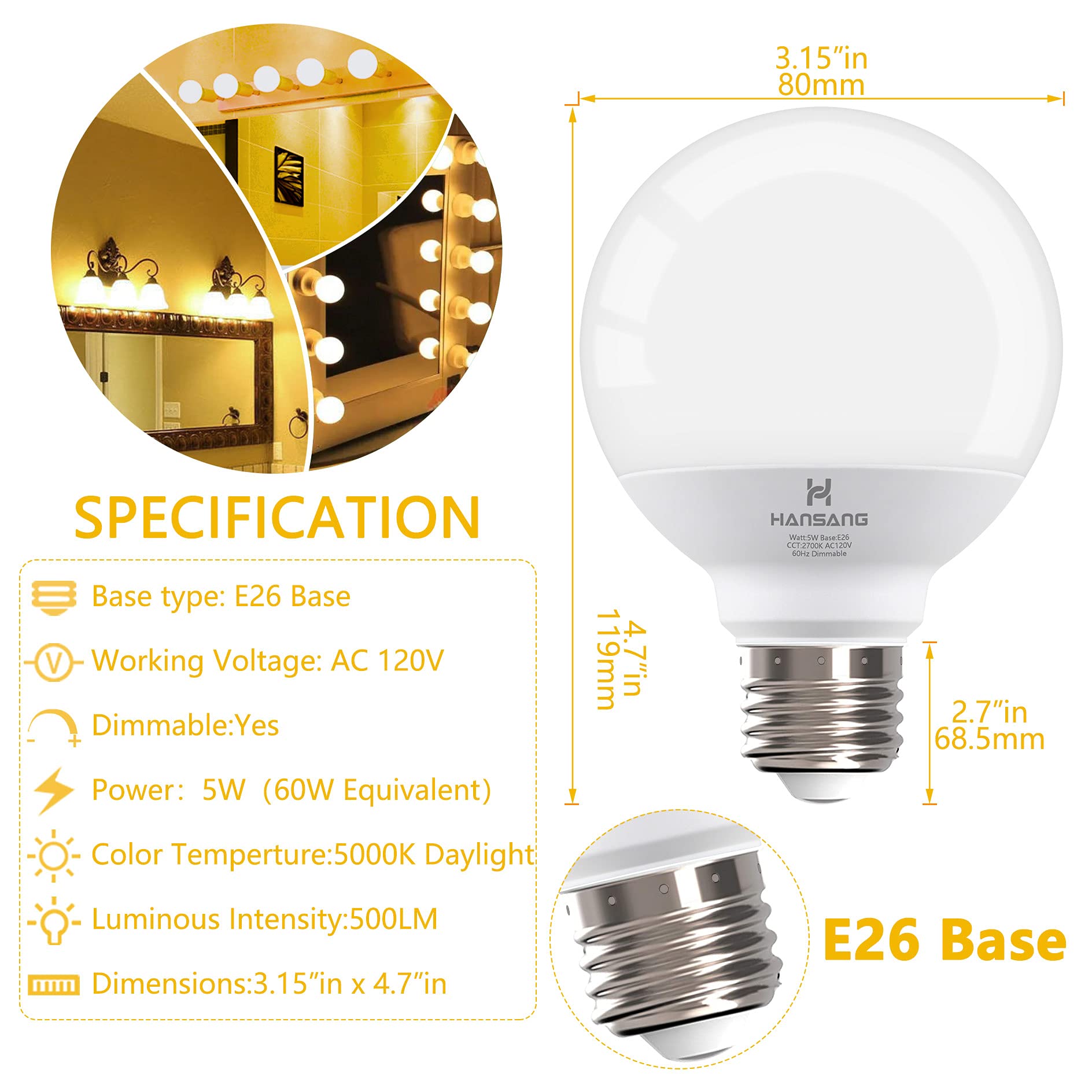 hansang LED G25 Globe Light Bulbs Dimmable 2700K Soft Warm White, 60W Equivalent Vanity Round Light Bulb with E26 Medium Base, Bathroom Light Bulb for Makeup Mirror Home Lighting, 500LM, 8 Pack