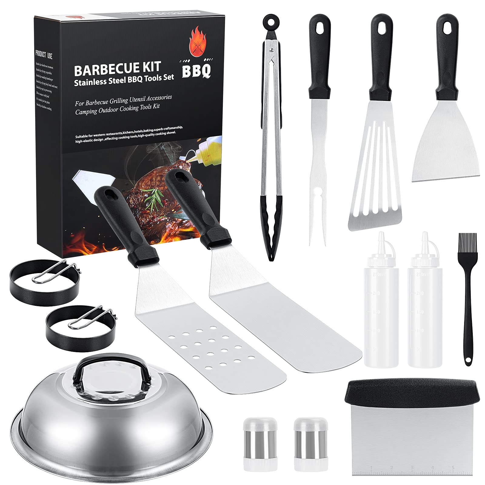 Griddle Accessories Kit - 15 PCS Griddle Grill Tools Set with Stainless Long Spatula Set, Basting Cover, Fork, Fish Turner, Chopper, Scraper, Grill Tongs, Perfect for BBQ and Camping