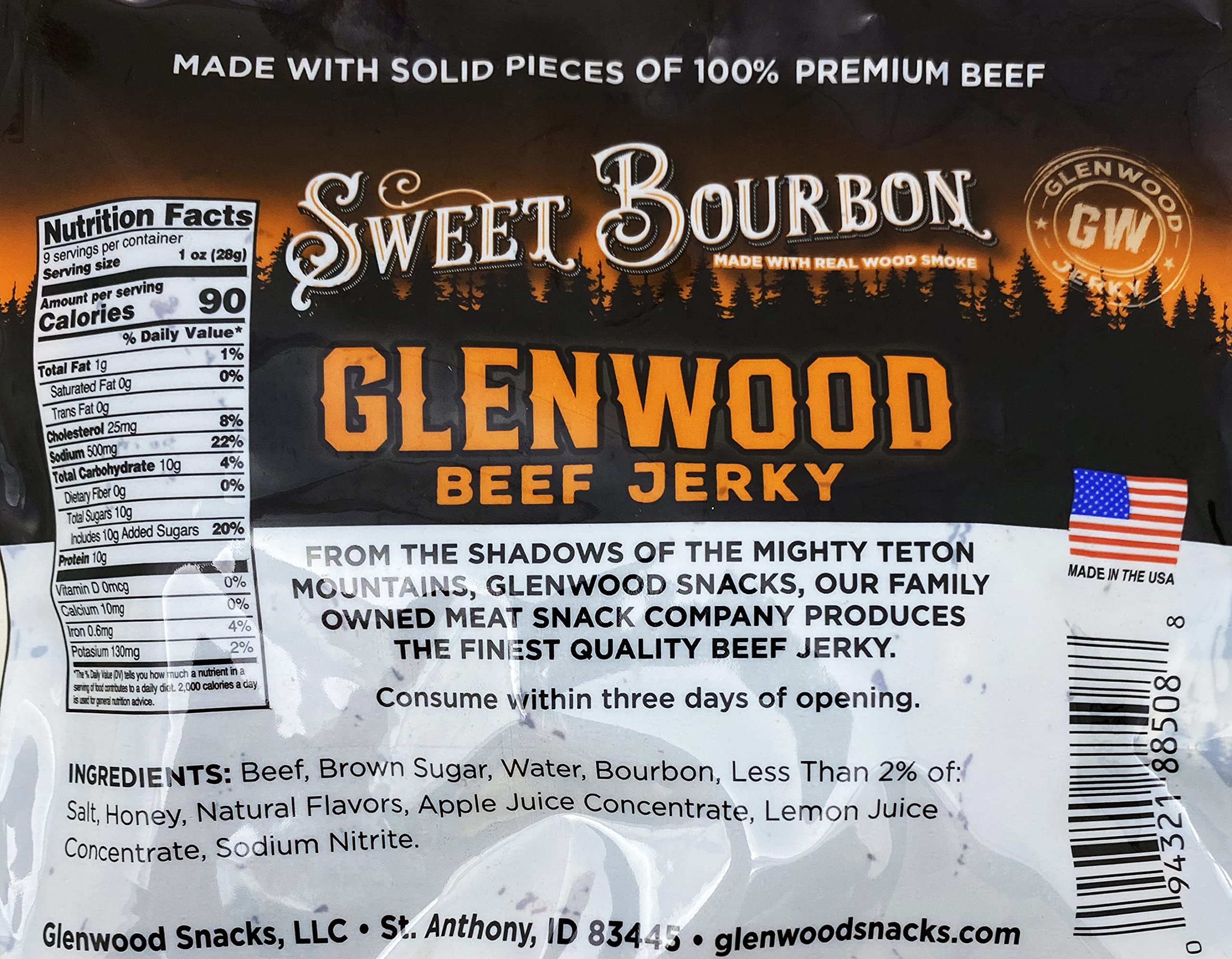 Glenwood Snacks Beef Jerky Sweet Bourbon 9 Ounce Resealable Bag - Moist & Tender Beef Jerky, Gluten-Free Jerky, Made in the USA