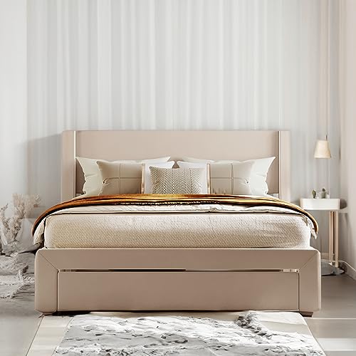 Queen Size Velvet Platform Bed Frame with Headboard, Upholstered Platform Bed Frame with Storage Drawer, No Box Spring Needed, Sturdy Wood Slat Support for Bedroom Boys Girls Teens Room (Queen, Beige)