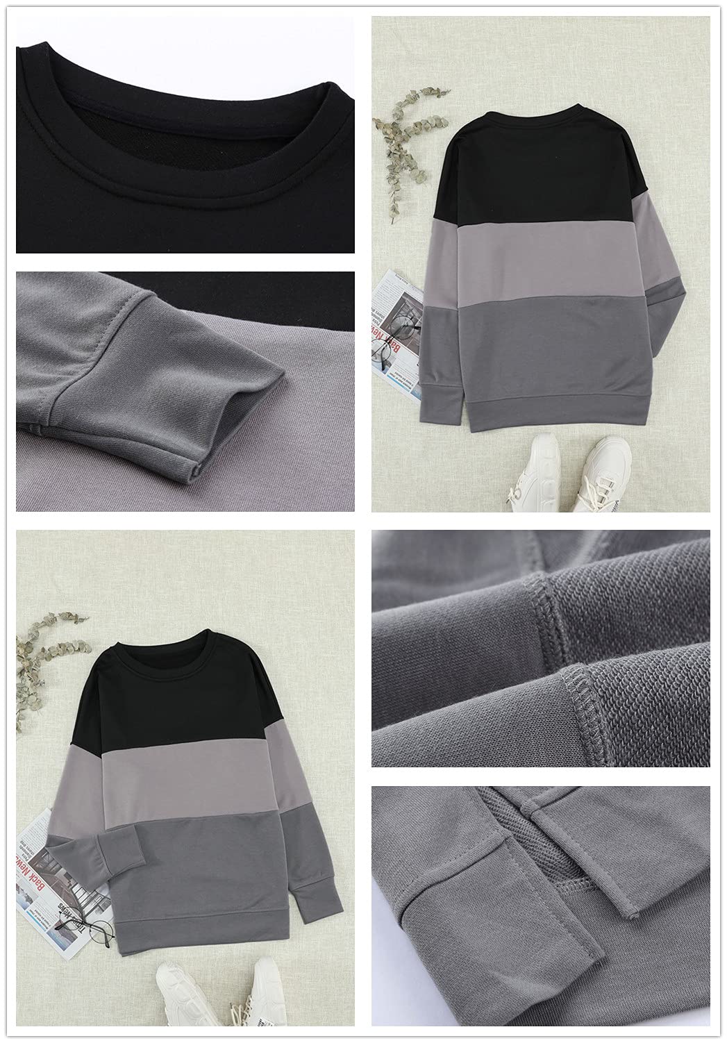 HOTAPEI Womens Fashion Lightweight Color Block Patchwork Sweatshirts Round Neck Long Sleeve Loose Pullover Tops Black Medium 8 10