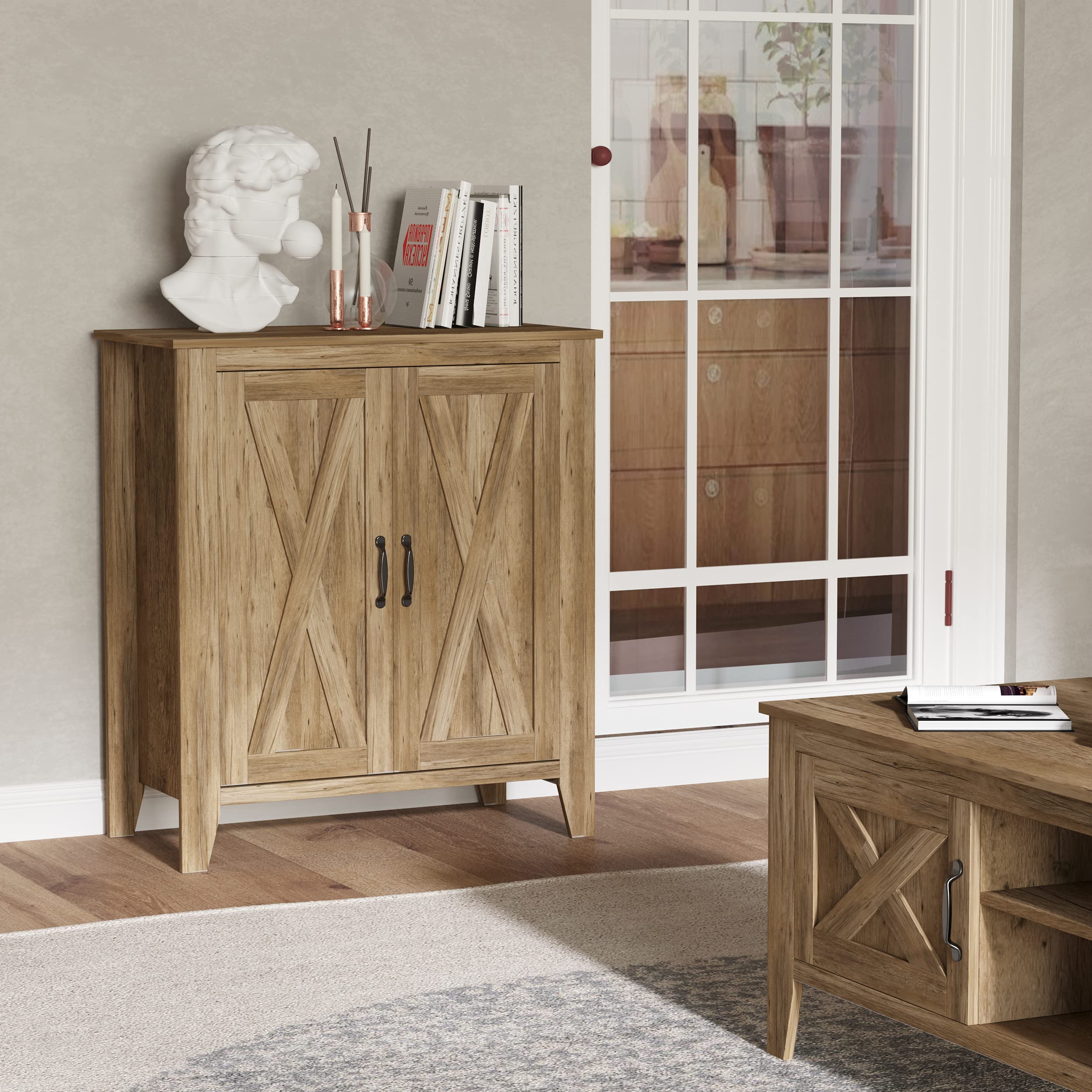 HOMCOM Rustic Farmhouse Sideboard, Accent Buffet Cabinet with Double Barn Doors and Fixed Shelf, Oak Finish