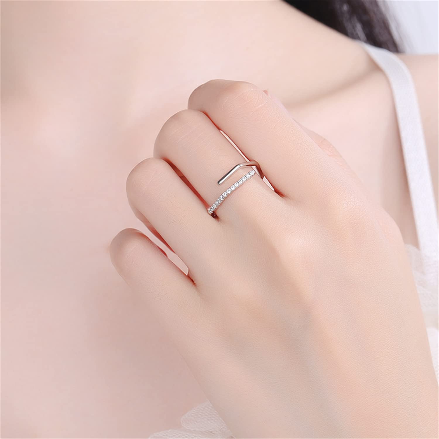 JXGXB 925 Sterling Silver Open Index Finger Ring with Geometric Lines Simple Ring
