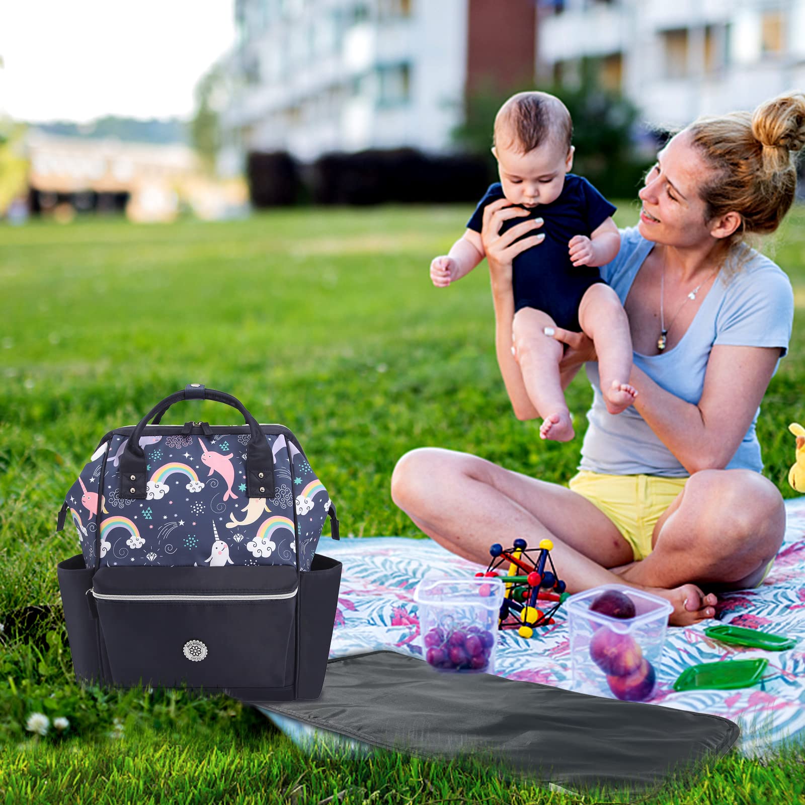 MYZIDEA Diaper Bag Backpack,Baby Nappy Changing Bags with Pacifier Case and Stroller Straps, Multifunction Waterproof Travel Backpack, Large Capacity, Waterproof,Unisex and Stylish,Animal Series,Navy