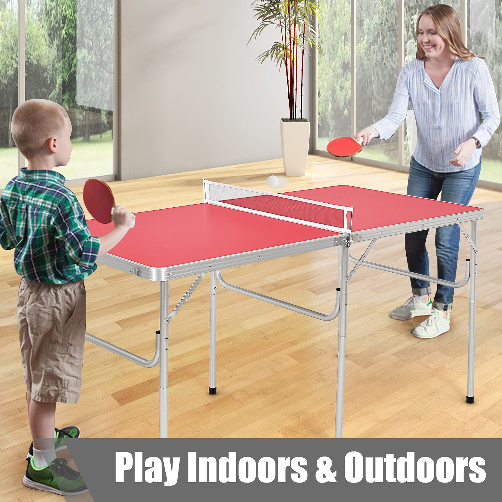 Goplus Foldable Ping Pong Table, 100% Preassembled, Portable Table Tennis Table Game Set with Net, 2 Table Tennis Paddles and Ping Pong Balls for Indoor Outdoor Use (Red-60'')